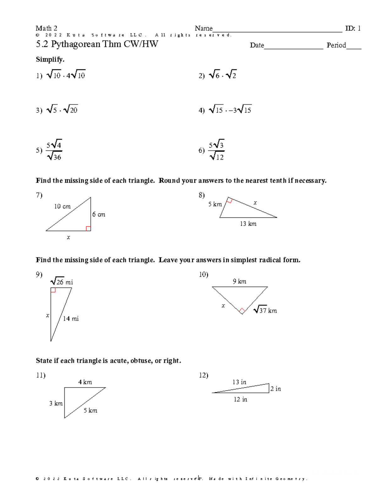 Math 2: Pythagorean Theorem CW/HW Worksheet - Studocu
