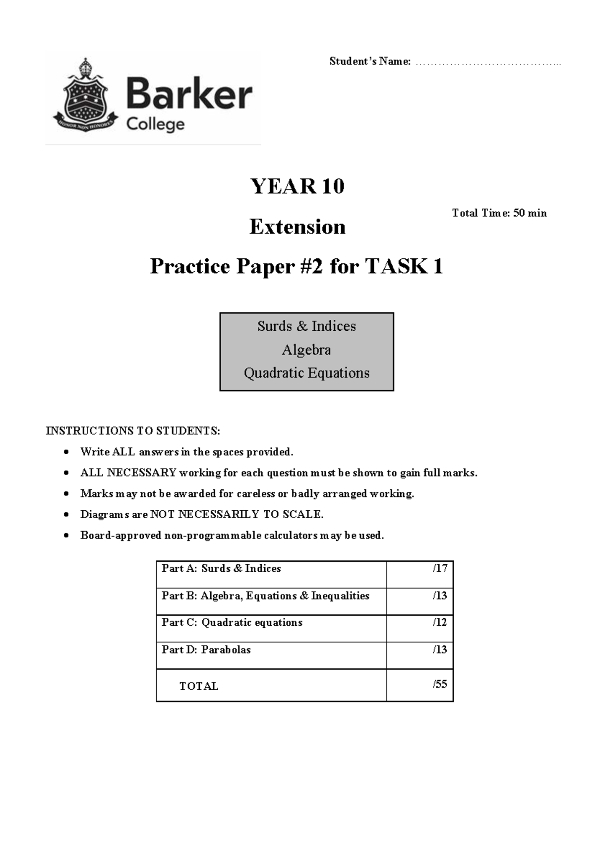 Y10 Ext Practice Paper 2: Surds, Algebra & Quadratics Exam - Studocu
