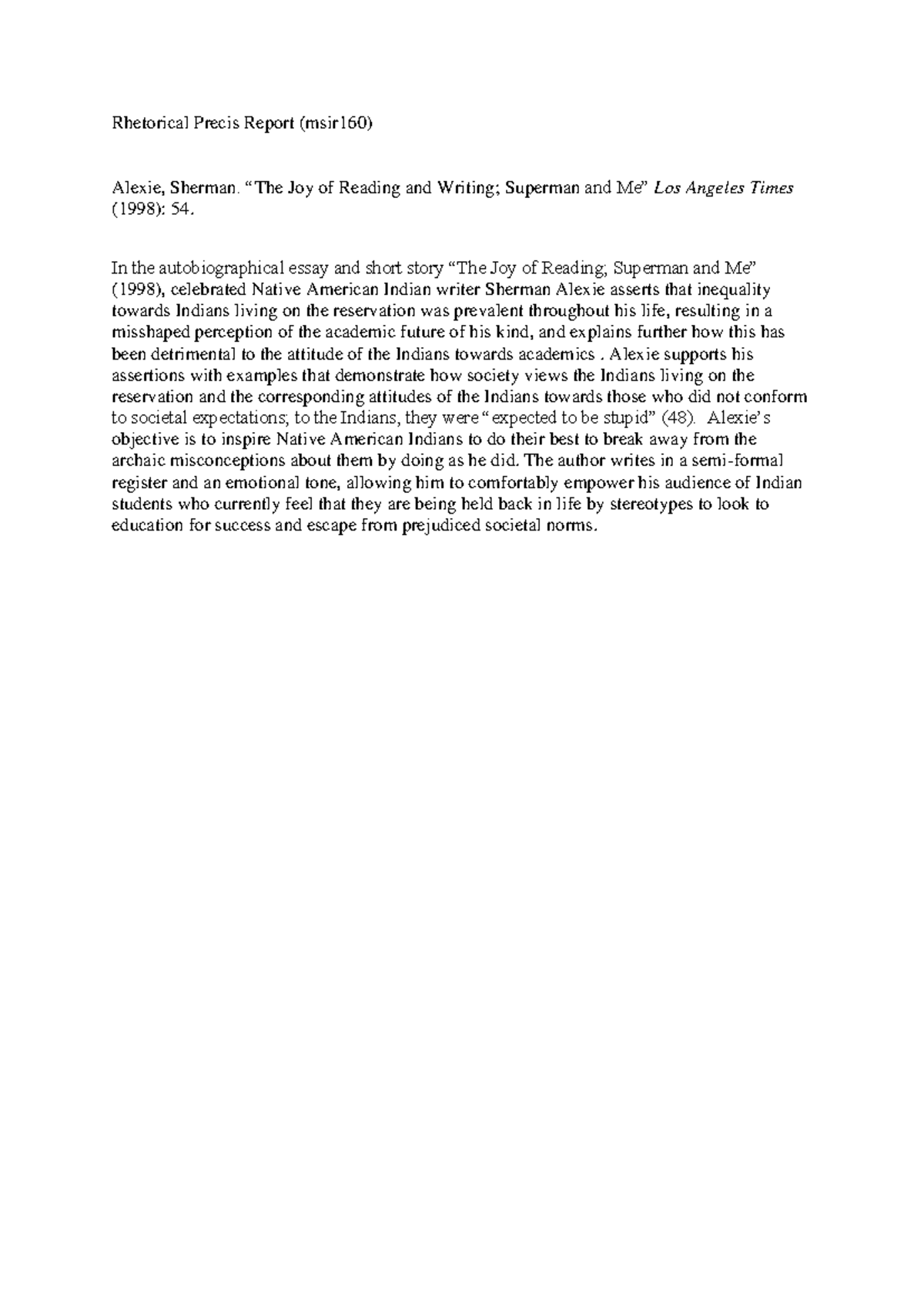 Rhetorical Precis Report on Sherman Alexie's Work (MSIR160) - Studocu