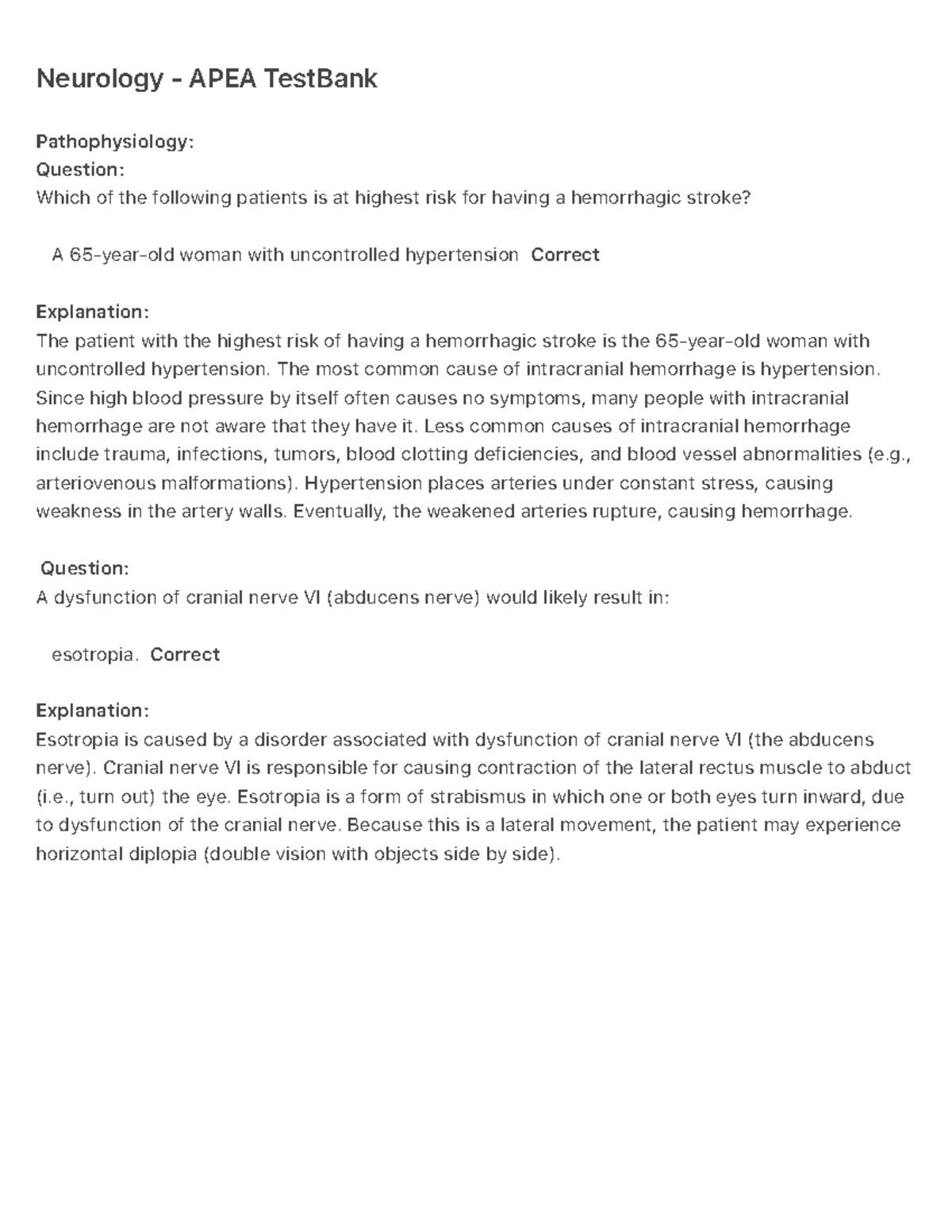 Neurology APEA Test Bank: Key Concepts in Pathophysiology - Studocu