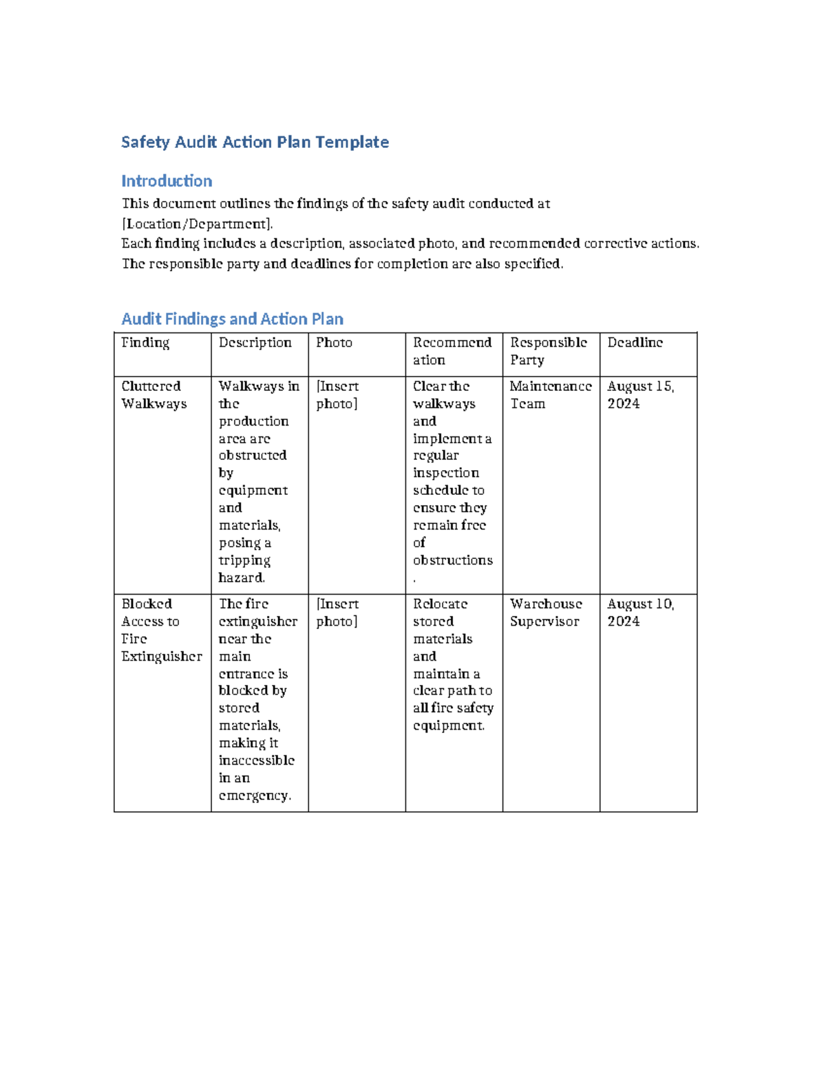 Safety Audit Action Plan Table Template - Safety Audit Action Plan ...