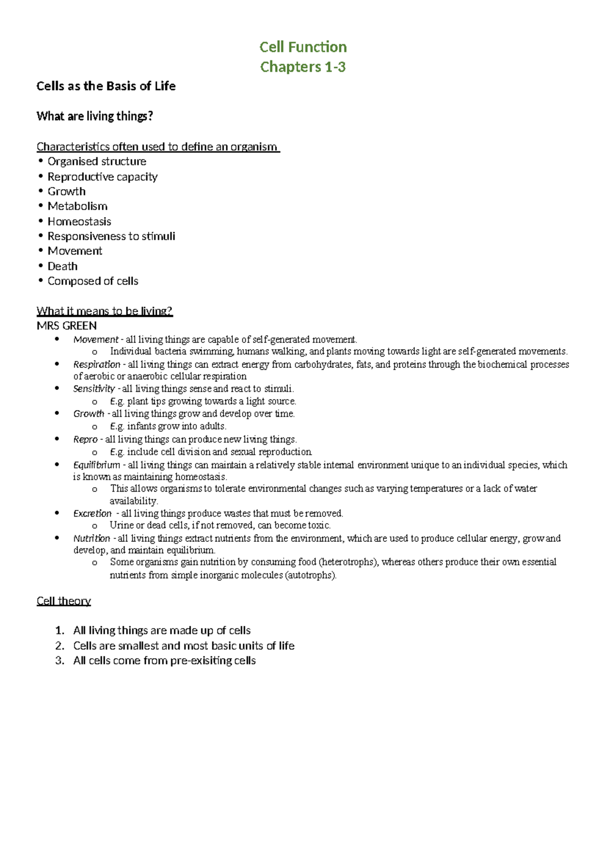 Biology 101: Cells as the Basis of Life - Chapters 1-3 Overview - Studocu