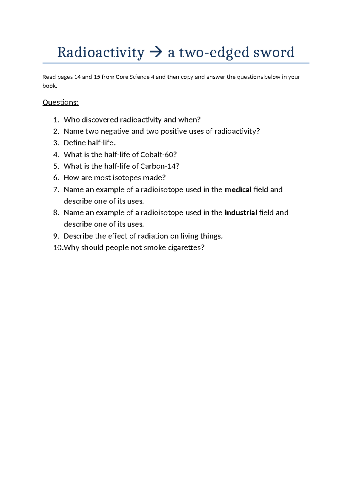Core Science 4: Radioactivity Questions and Answers - Studocu