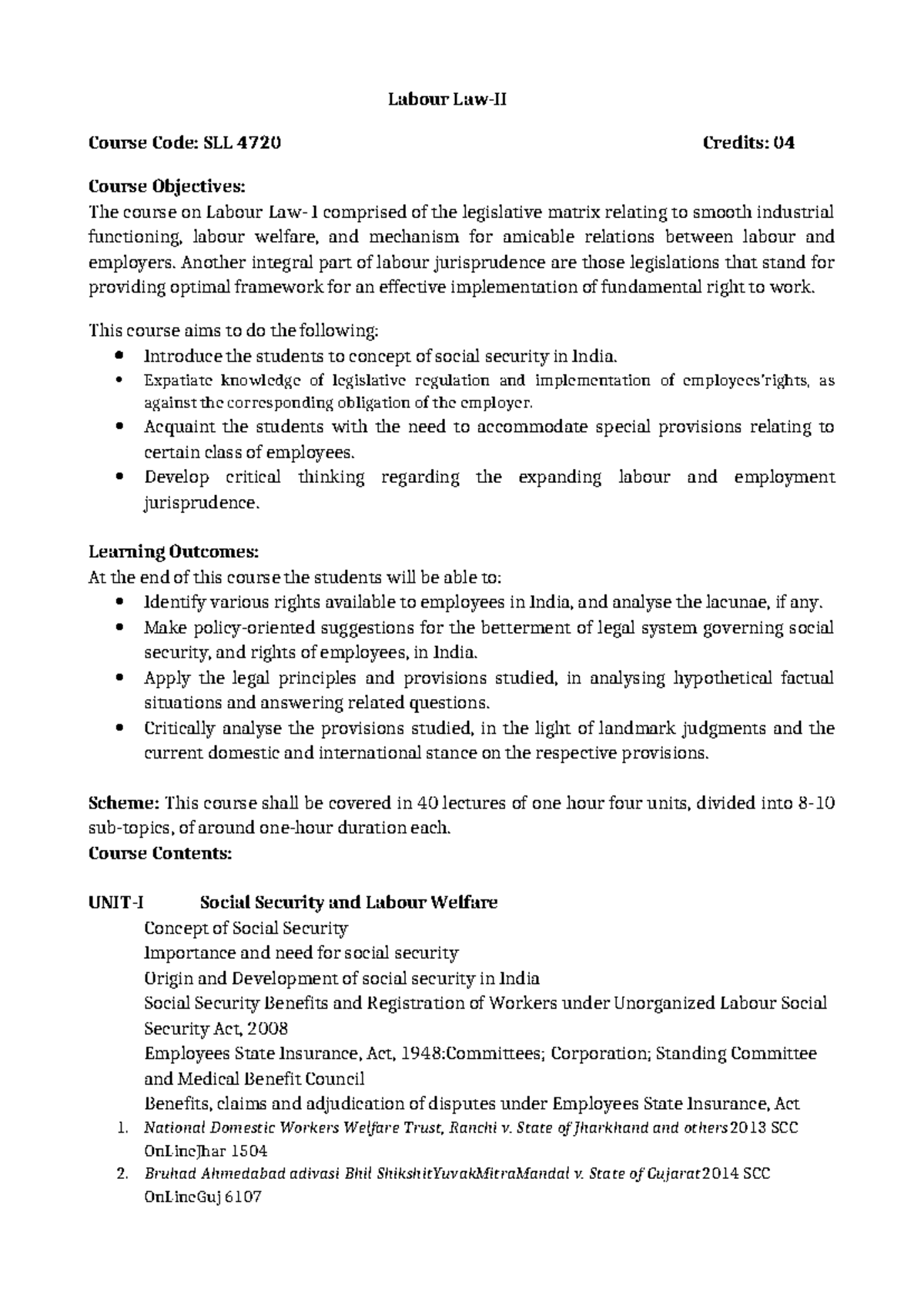 Labour Law II Course SLL 4720: Comprehensive Overview and Key Concepts ...