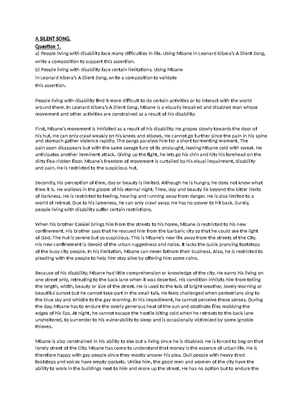 Disability and Limitations in Leonard Kibera’s A Silent Song Analysis ...