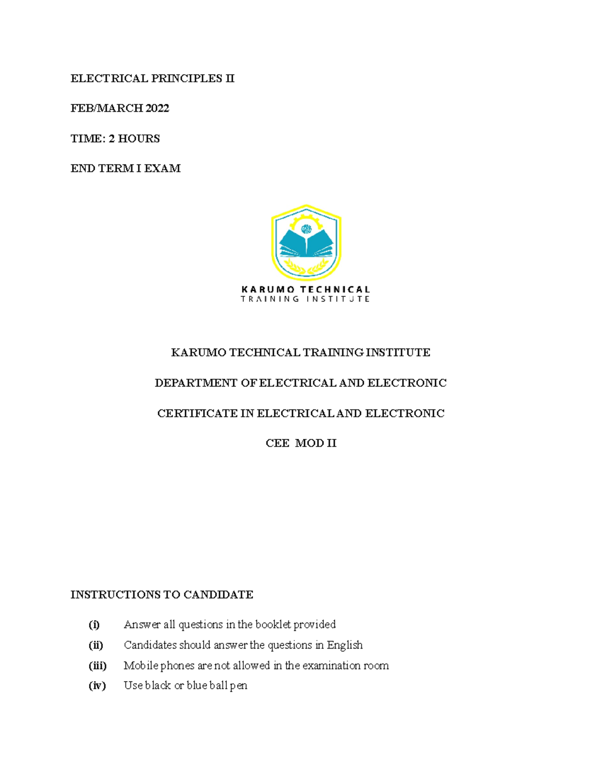 Electrical Principles II - ELECTRICAL PRINCIPLES II FEB/MARCH 2022 TIME ...