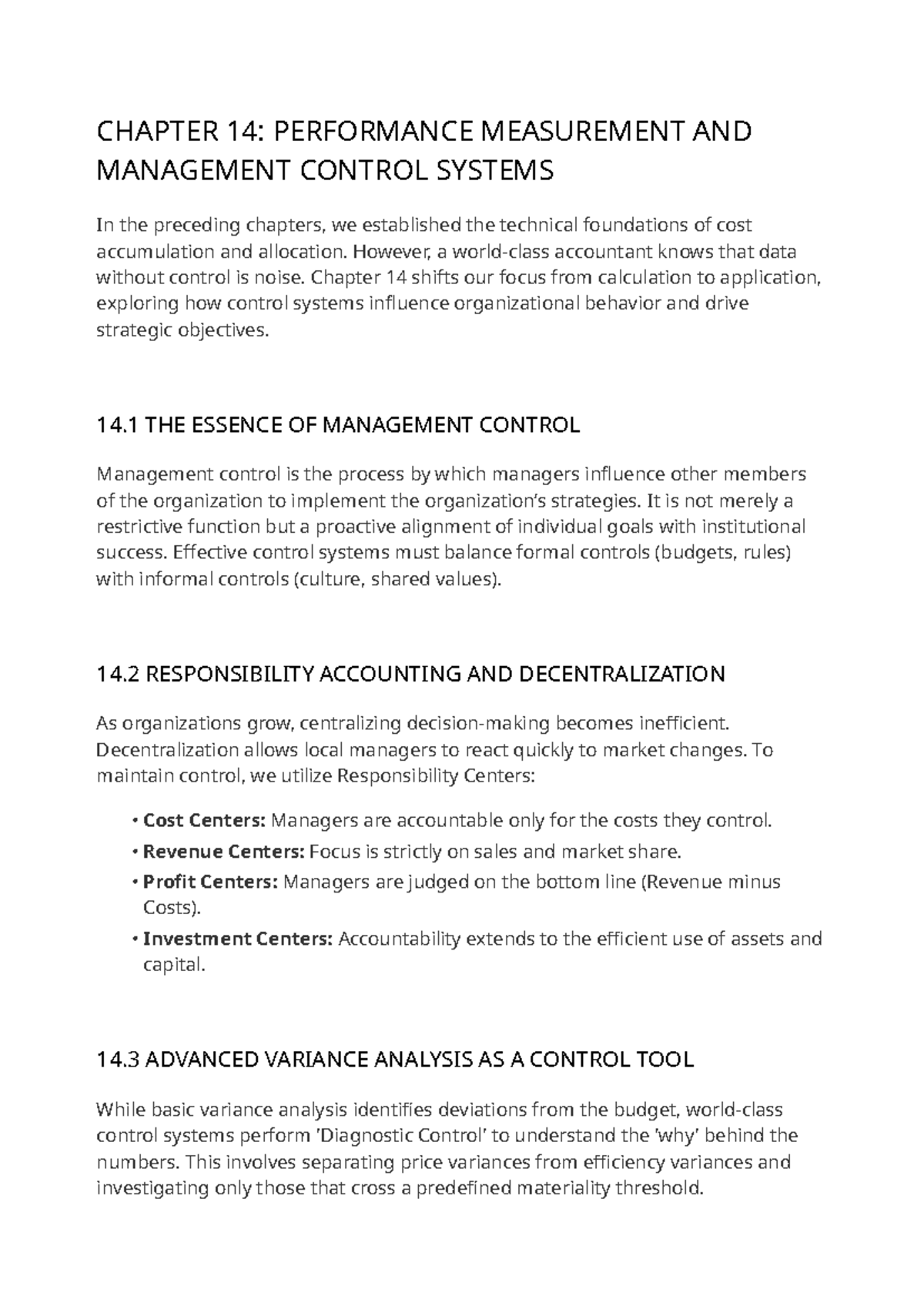 CHAPTER 14: PERFORMANCE MEASUREMENT & CONTROL SYSTEMS (ACCT 301) - Studocu