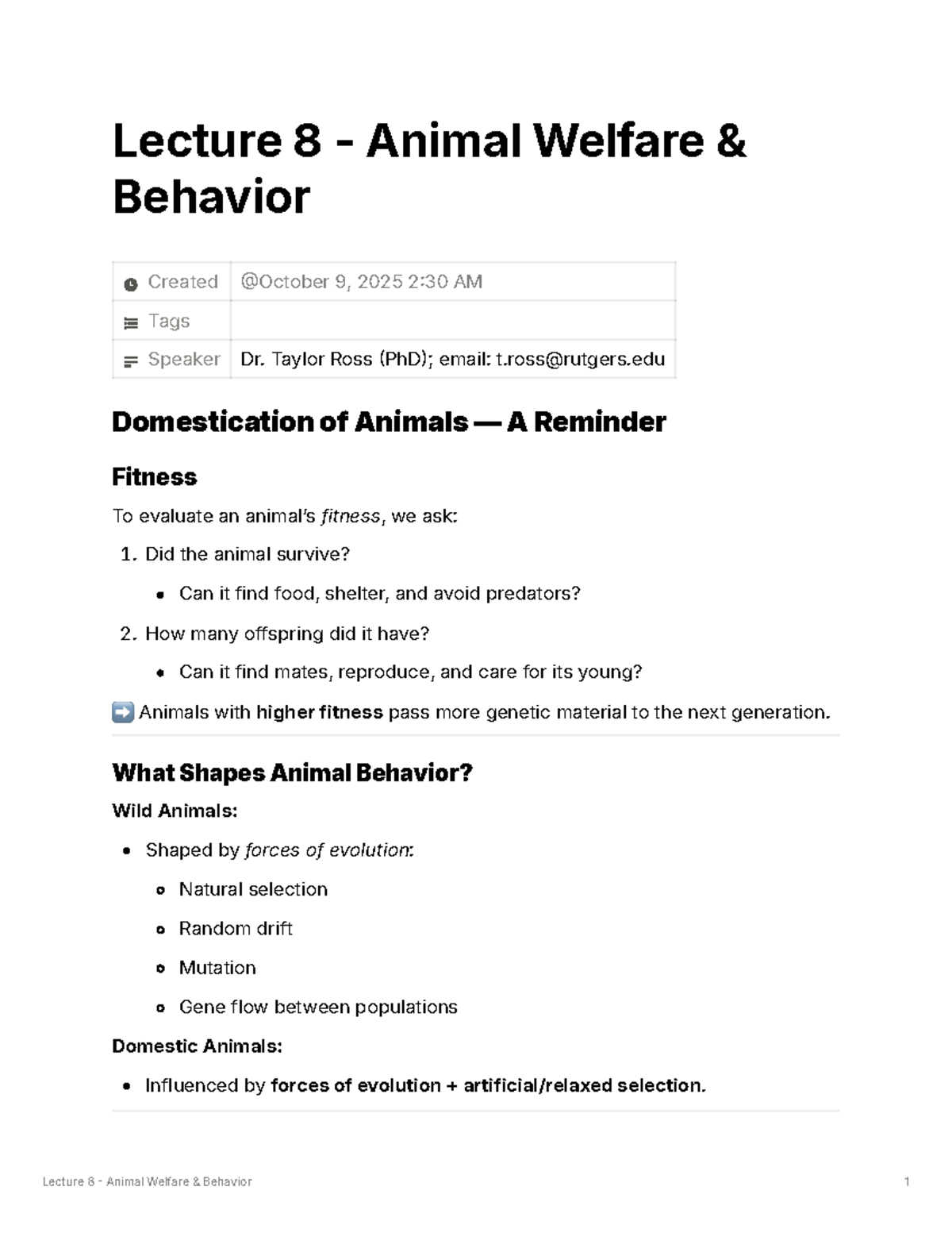 Lecture 8: Animal Welfare & Behavior Insights (Course Code: AWB101 ...