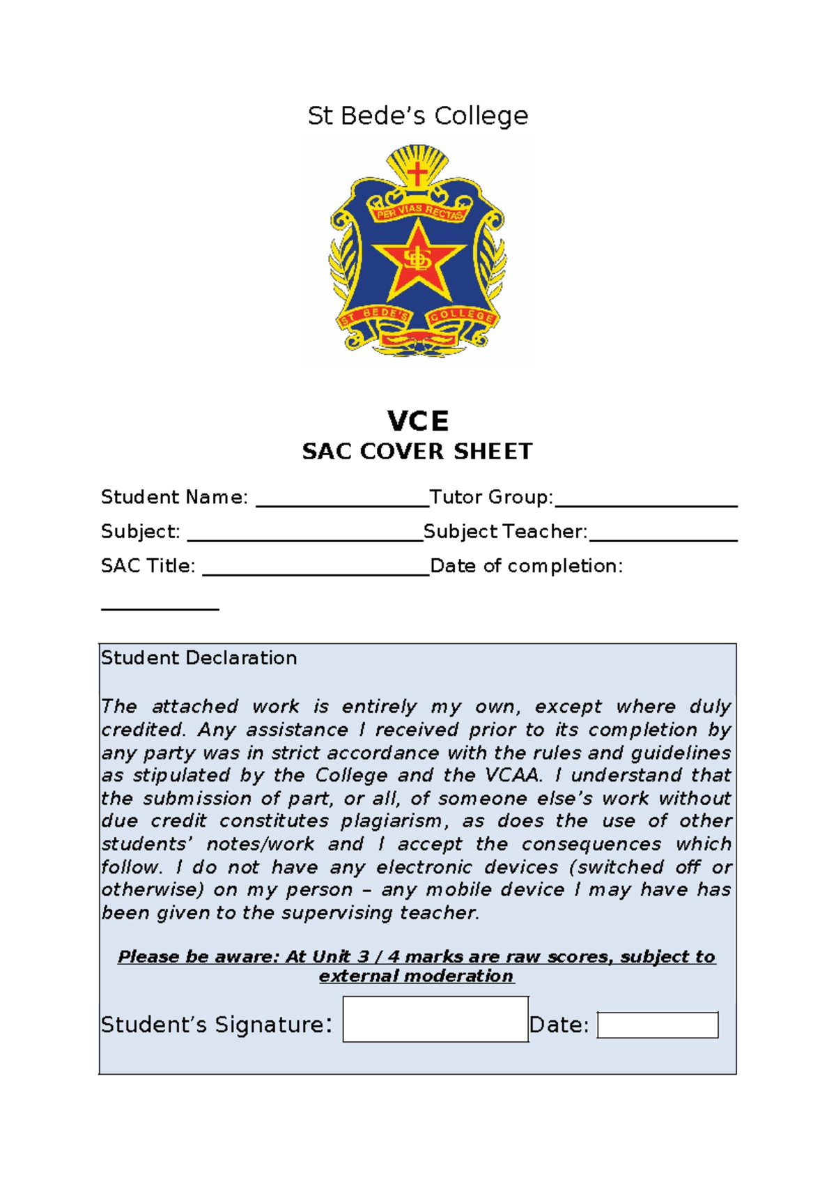 SAC Cover Sheet Units 3 and 4 Test Cond - St Bede’s College VCE SAC ...