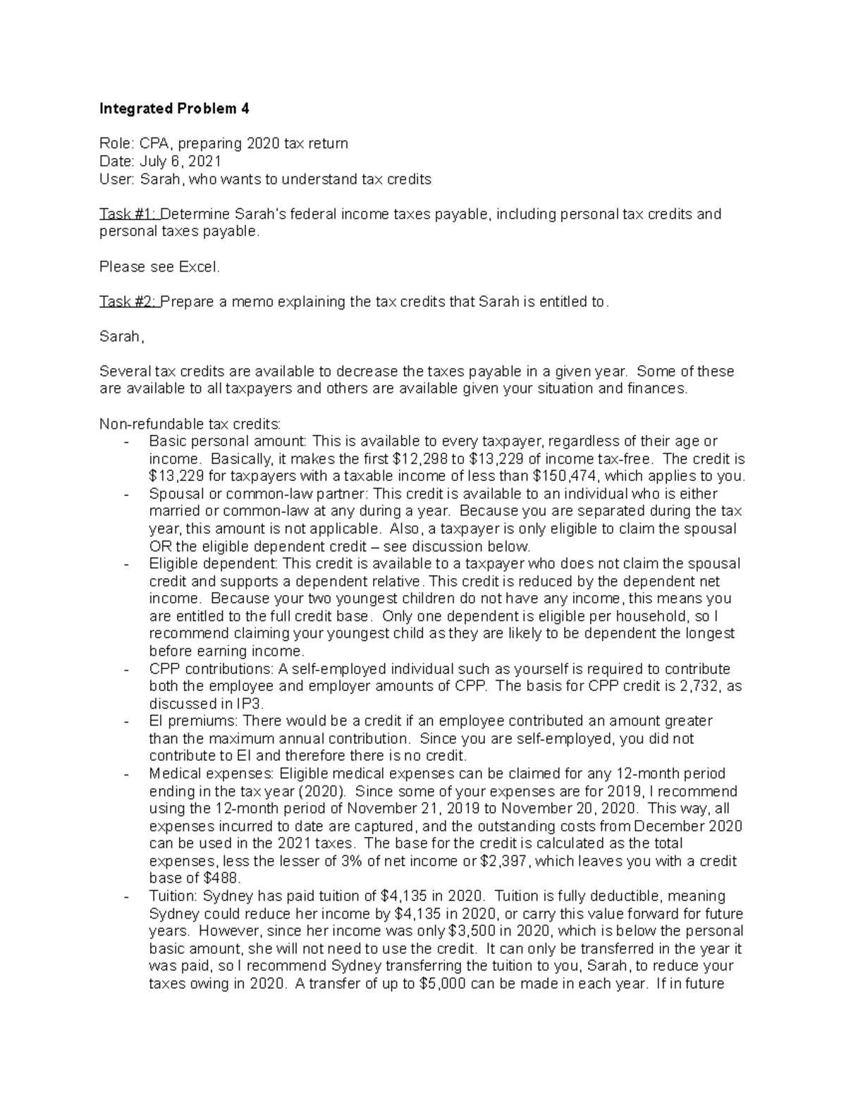 CPA Integrated Problem #4 - 2020 Tax Return Analysis for Sarah - Studocu
