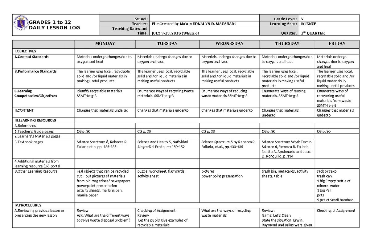 Science 5 Q1 Lesson Plan: Properties of Materials (W1/D1) - Studocu