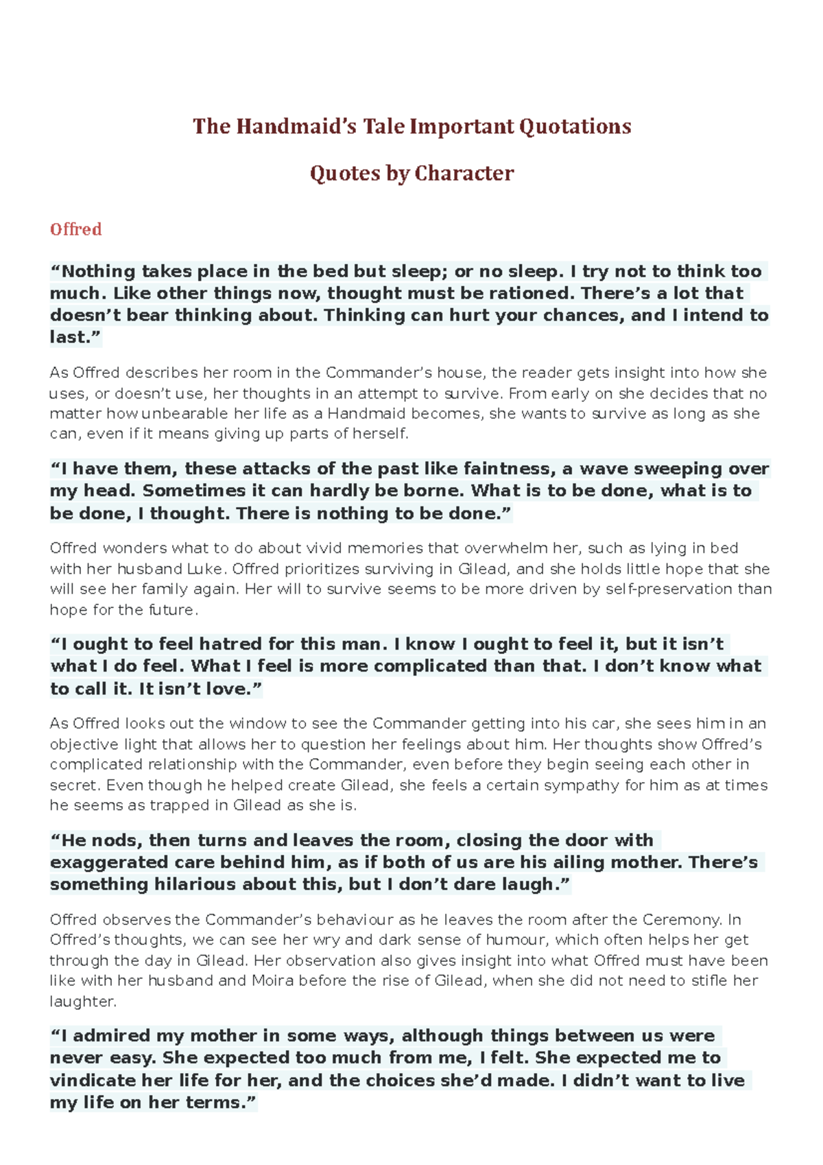 Important Quotes from The Handmaid’s Tale - HMT Analysis Guide - Studocu
