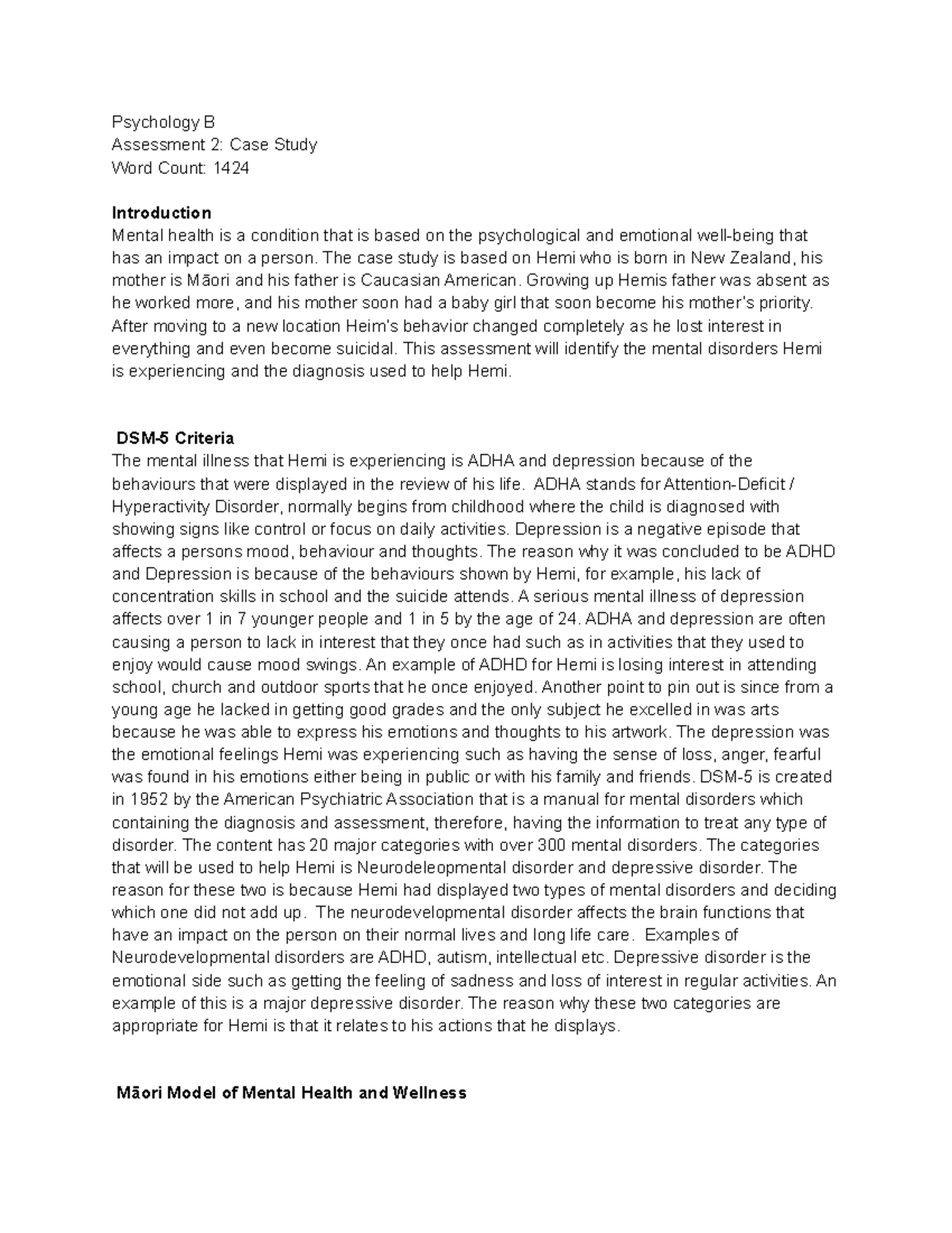 Assessment 2 Case Study Psychology B - Introduction to Psychology B ...