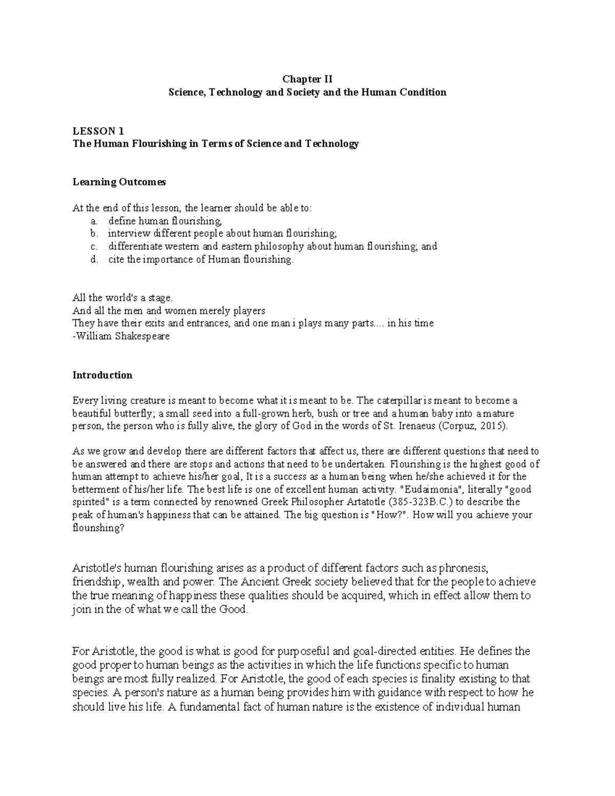 Chapter II Lesson 1 - Human Flourishing in Science & Technology - Studocu