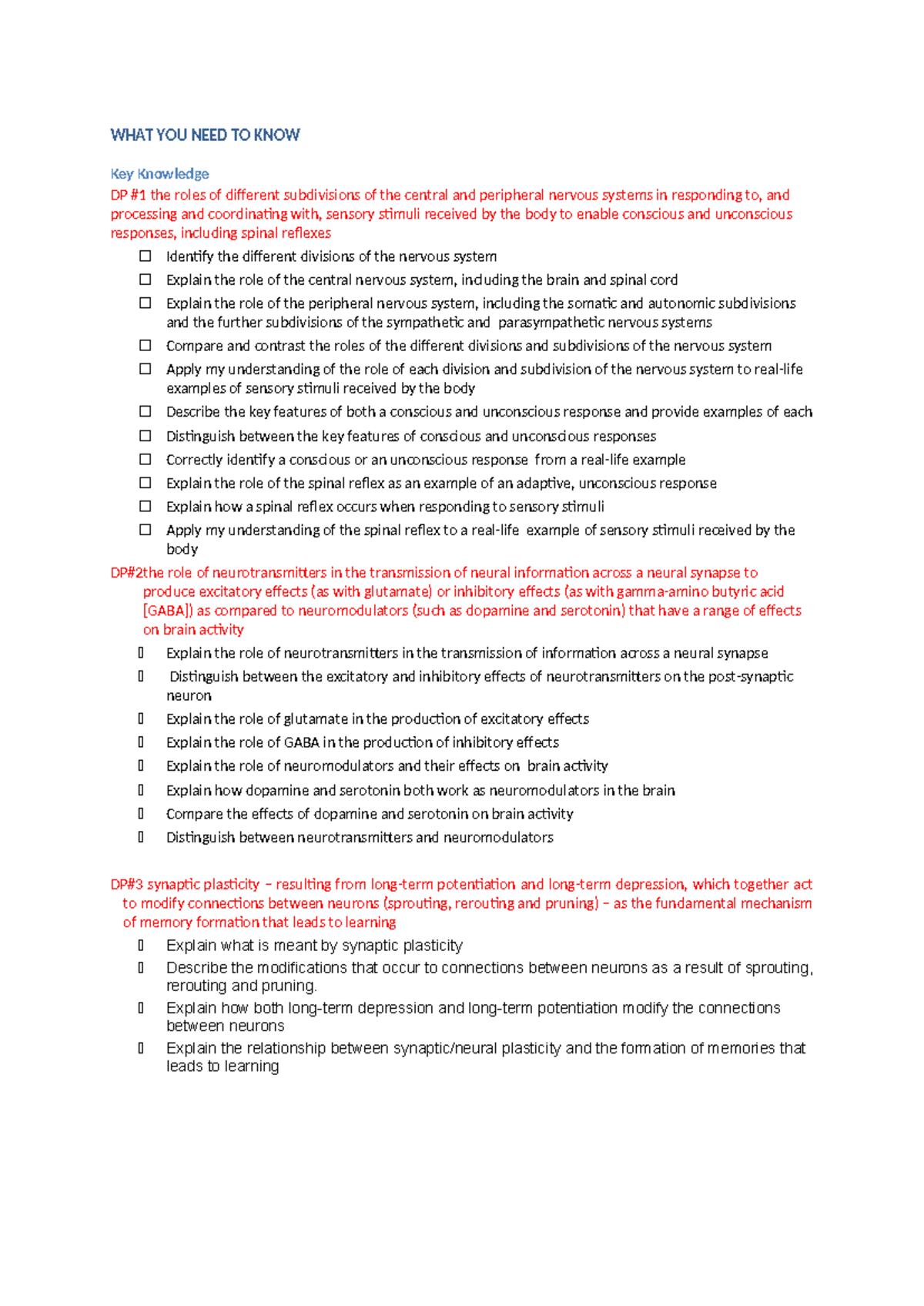 VCE Psychology Unit 3 SAC 1: Key Knowledge on Nervous System & Stress ...