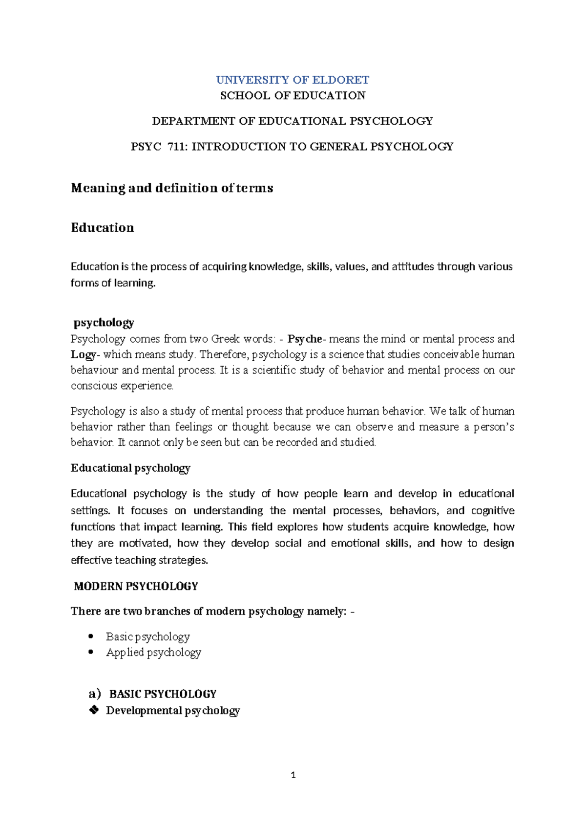 PSYC 711: Intro to General Psychology - Key Concepts and Theories - Studocu