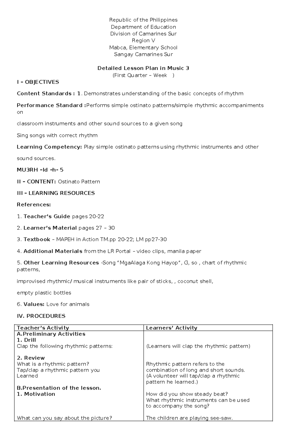 Detailed Lesson Plan for Music 3: Ostinato Patterns Exploration - Studocu