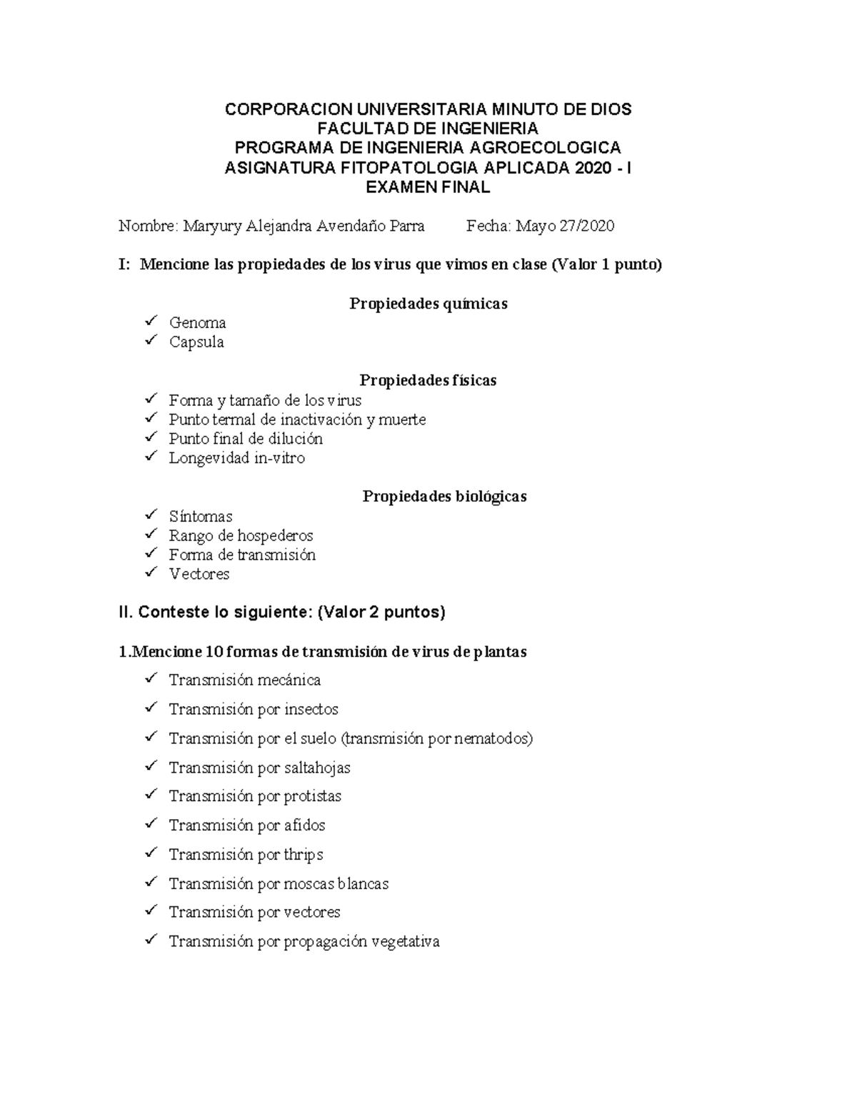 Examen Final FITO 2020 I: Propiedades y Transmisión de Virus en Plantas - Studocu