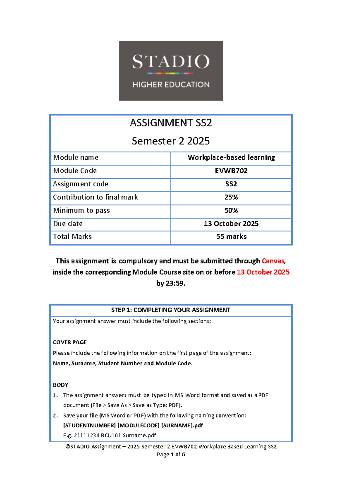 EVWB702 S2 2025 SS2 - Assignment on Workplace-Based Learning - Studocu