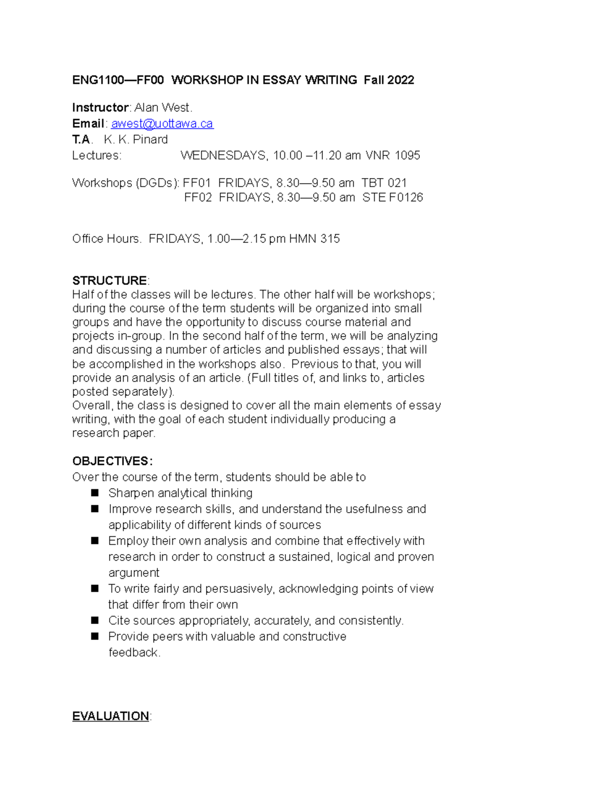 ENG1100 FF Fall 2022 Syllabus - ENG1100—FF00 WORKSHOP IN ESSAY WRITING ...