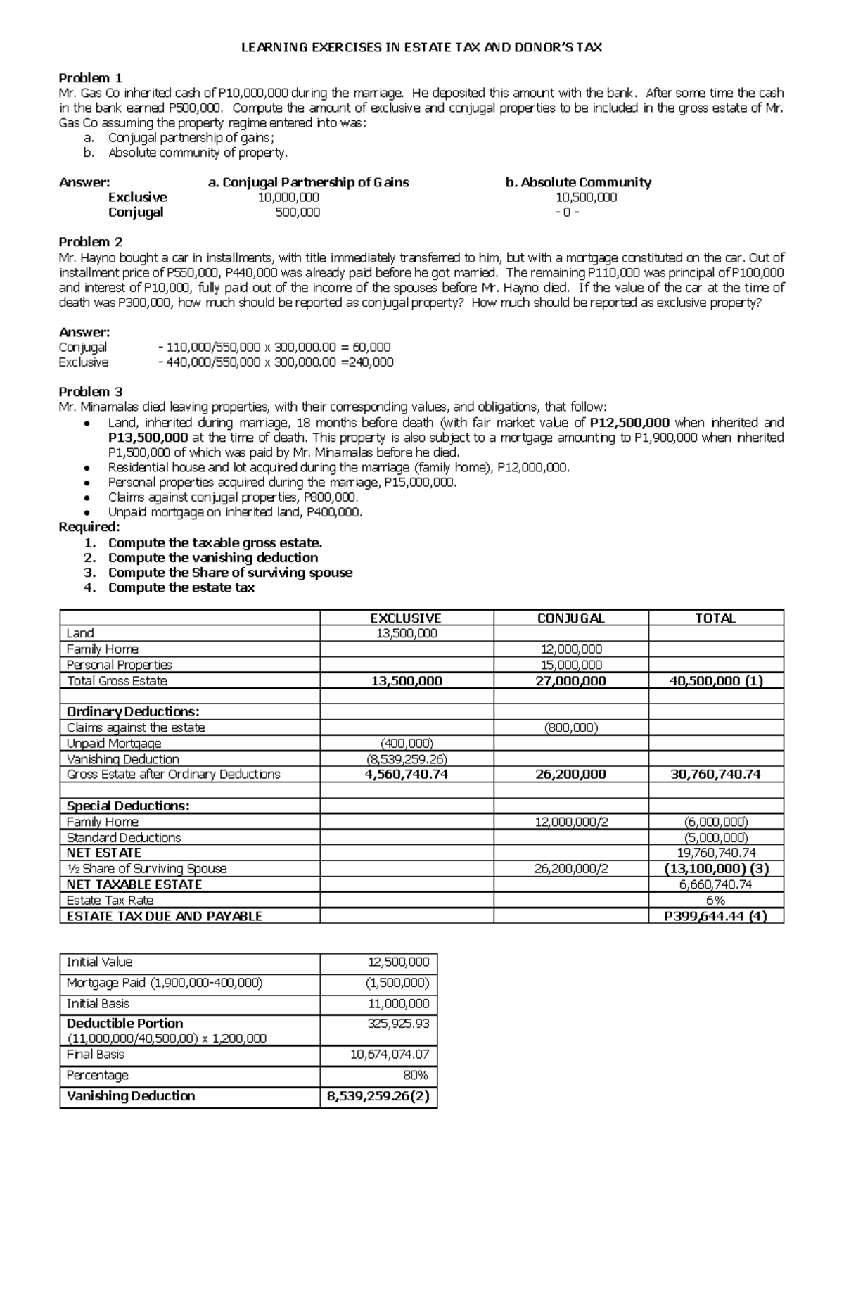 Activity ESTTAX Answers: Exercises on Estate Tax Computations - Studocu