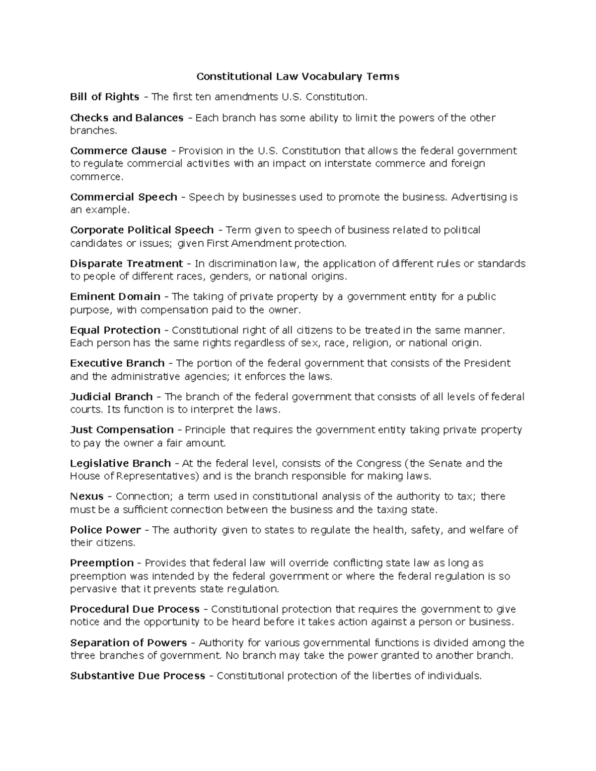Constitutional Law Vocabulary Terms & Definitions (CIV 101) - Studocu