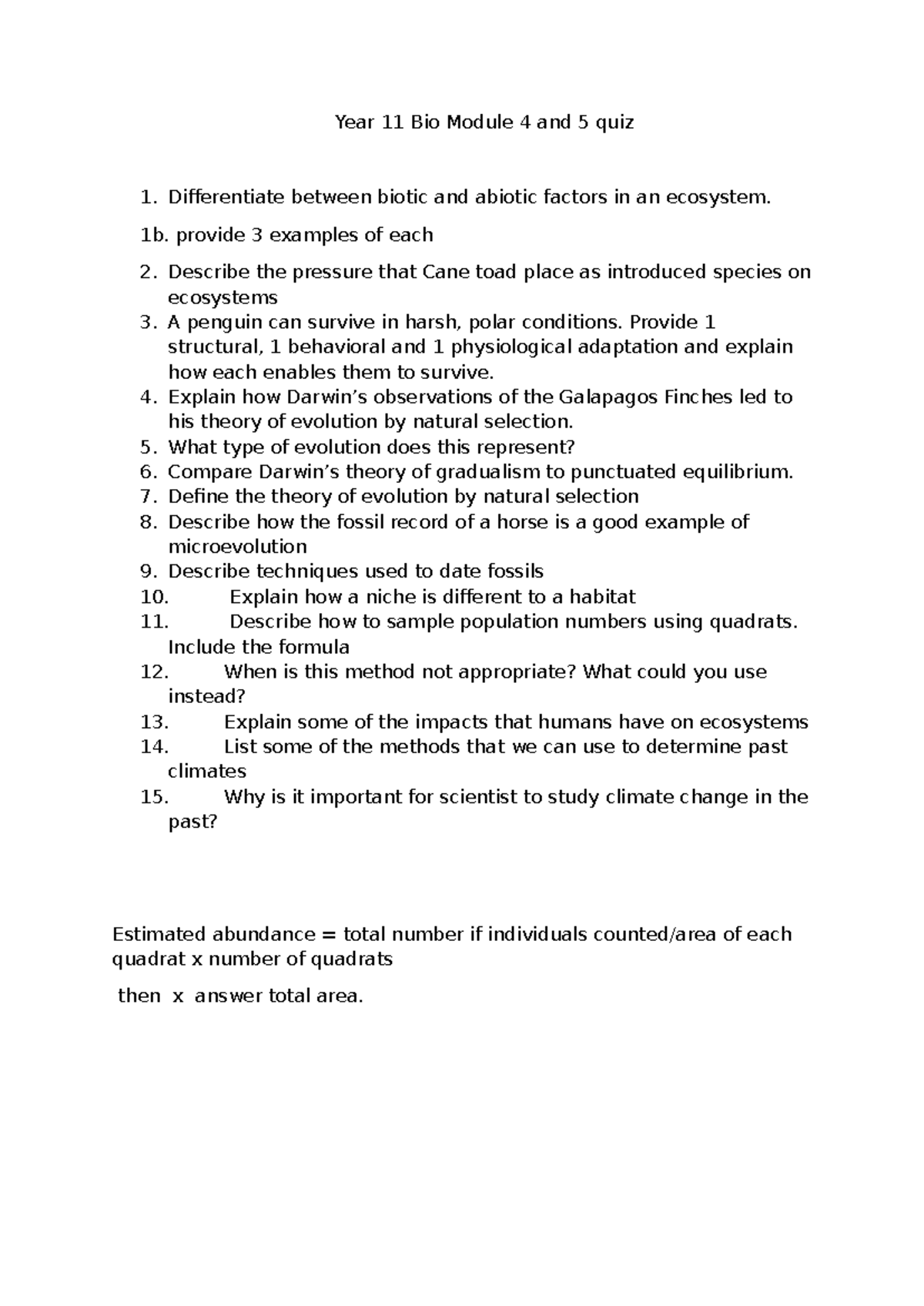 Year 11 Bio Quiz: Ecosystems, Evolution & Climate Change Insights - Studocu