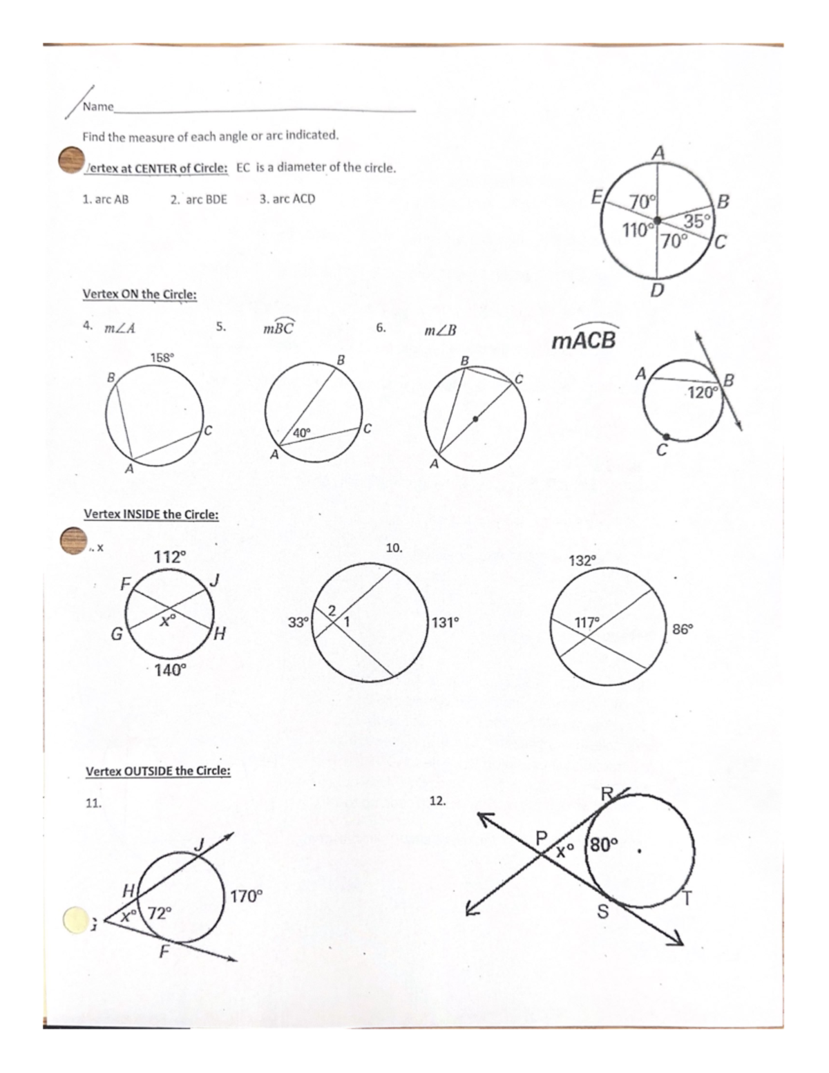 Find the measure of each angle or arc indicated - A at CENTER of Circle ...