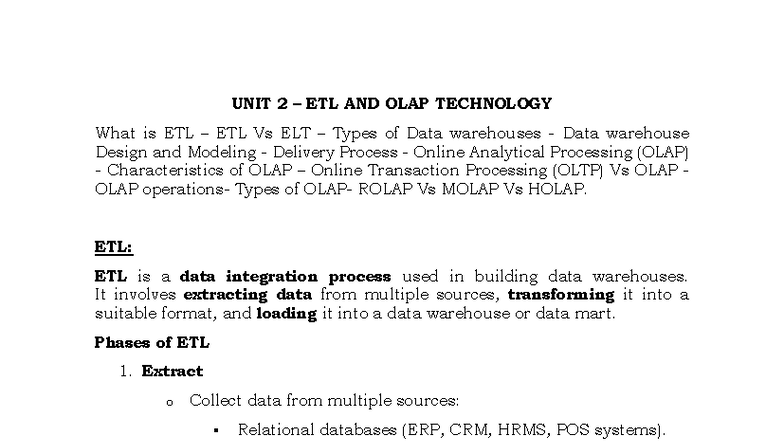 UNIT 2: ETL & OLAP Technologies - Data Warehousing Notes - Studocu