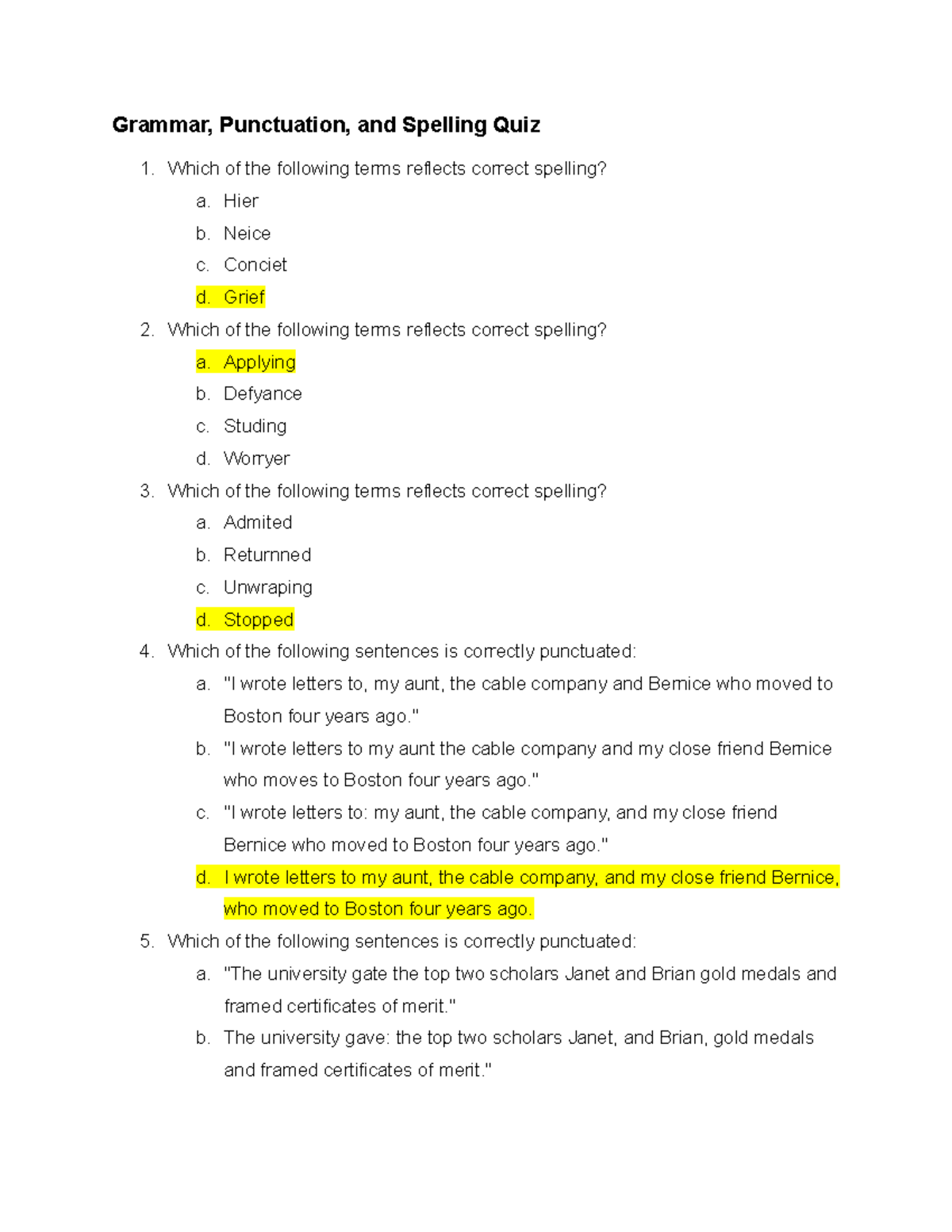 Grammar, Punctuation, and Spelling Quiz (ENG101) - Studocu
