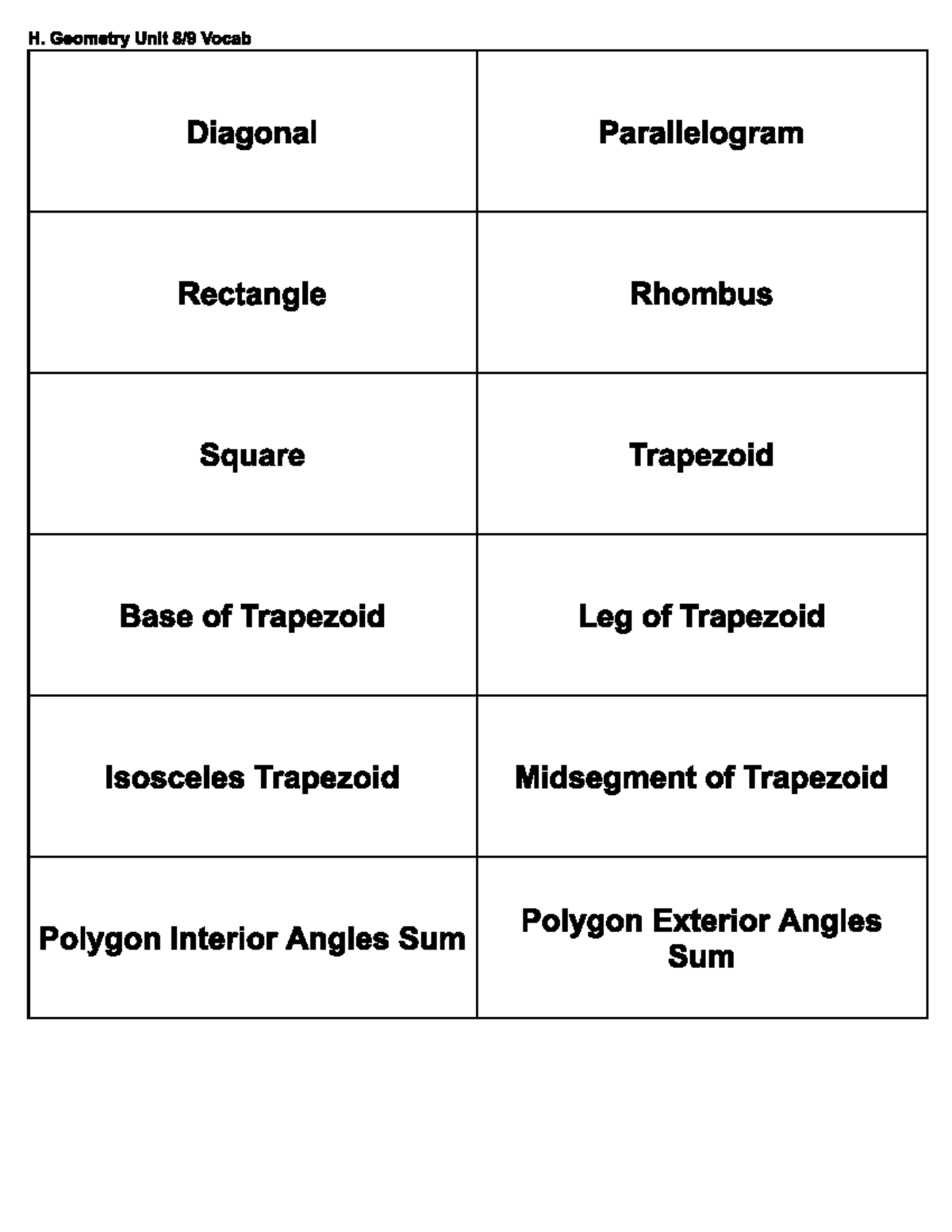 Honors Geometry Unit 8 Vocab Cards: Parallelogram, Trapezoid, Polygon ...