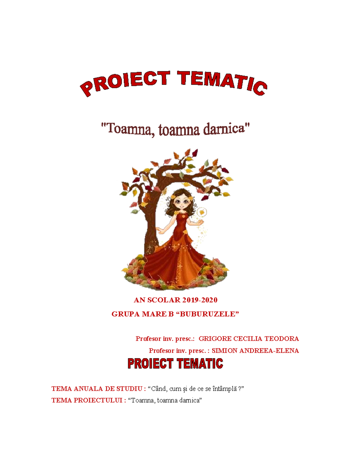 Proiect Tematic Toamna - Grupa Mare A.N. 2019-2020 - Studocu
