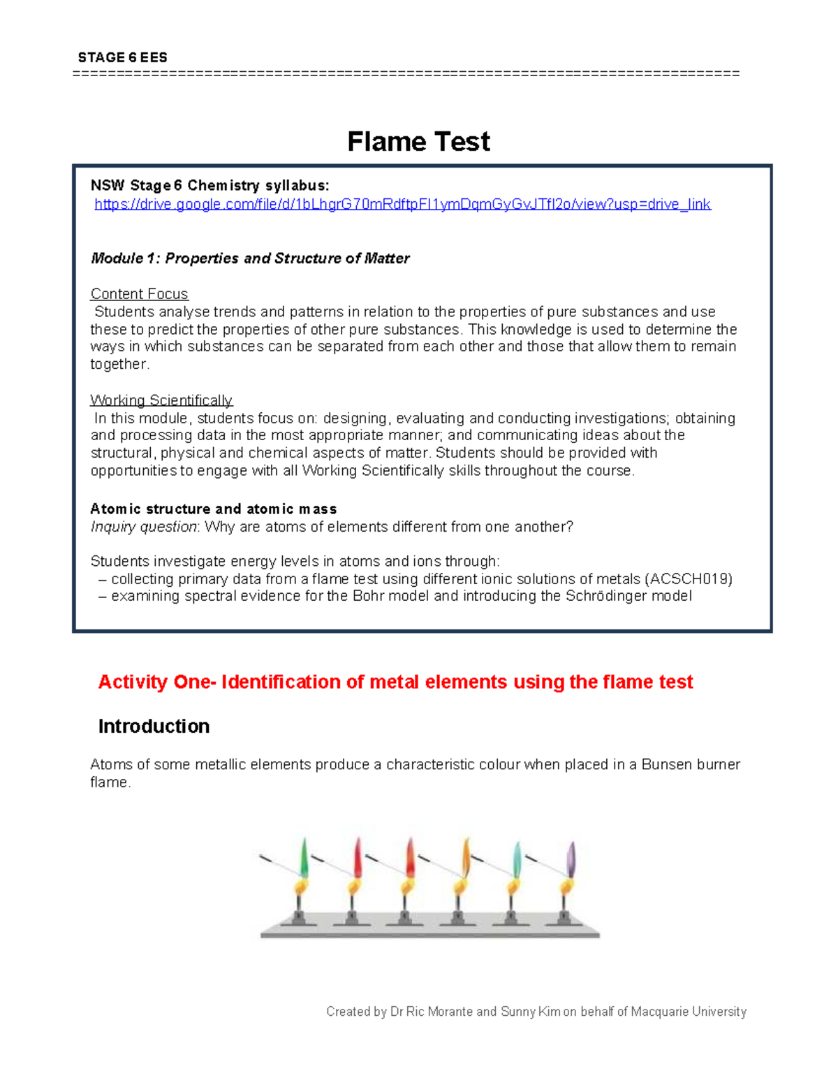 Stage 6 EES Flame Test Worksheet V3 - Chemistry Module 1 - Studocu