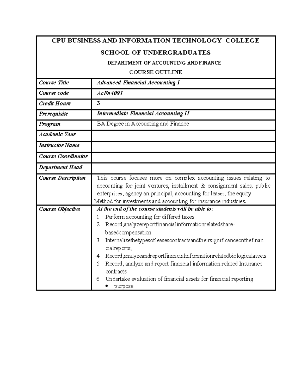 Advanced Financial Accounting I (AcFn4091) Course Outline - Studocu