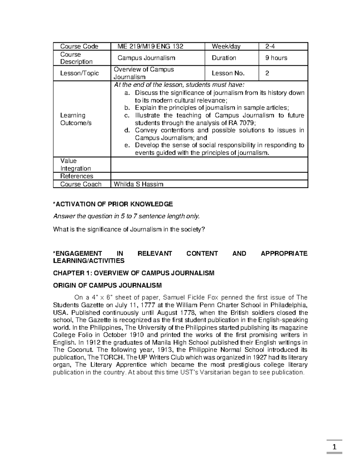 Campus-Journalism-Module - 1 *ACTIVATION OF PRIOR KNOWLEDGE Answer the ...