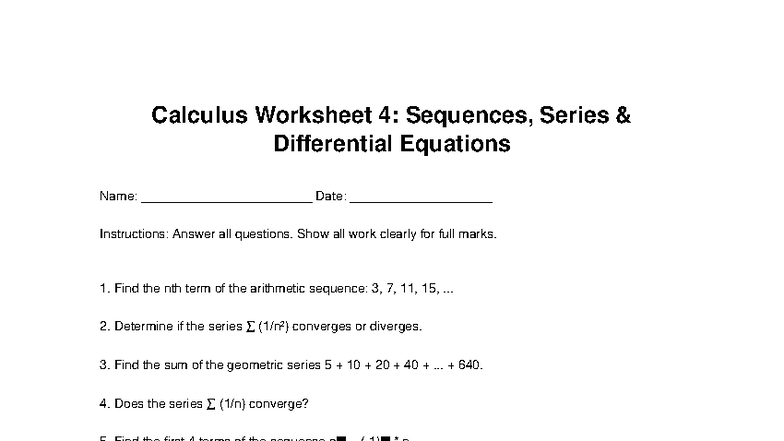 Calculus Worksheet 4: Sequences & Series Problems - Studocu