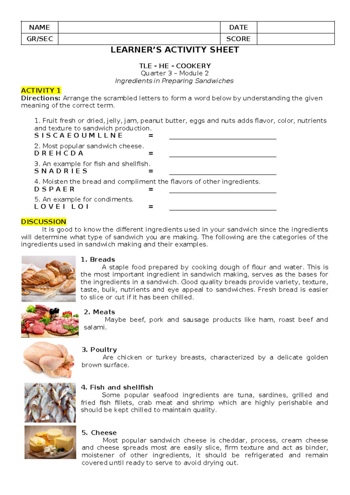 Module 2 LAS TLE 9: Ingredients for Preparing Sandwiches - Studocu