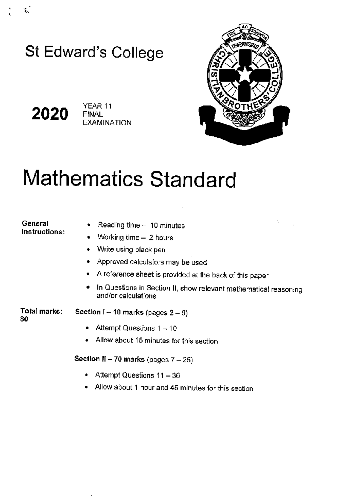 St Edwards Year 11 Mathematics Standard 2020 Final Exam Solutions - Studocu