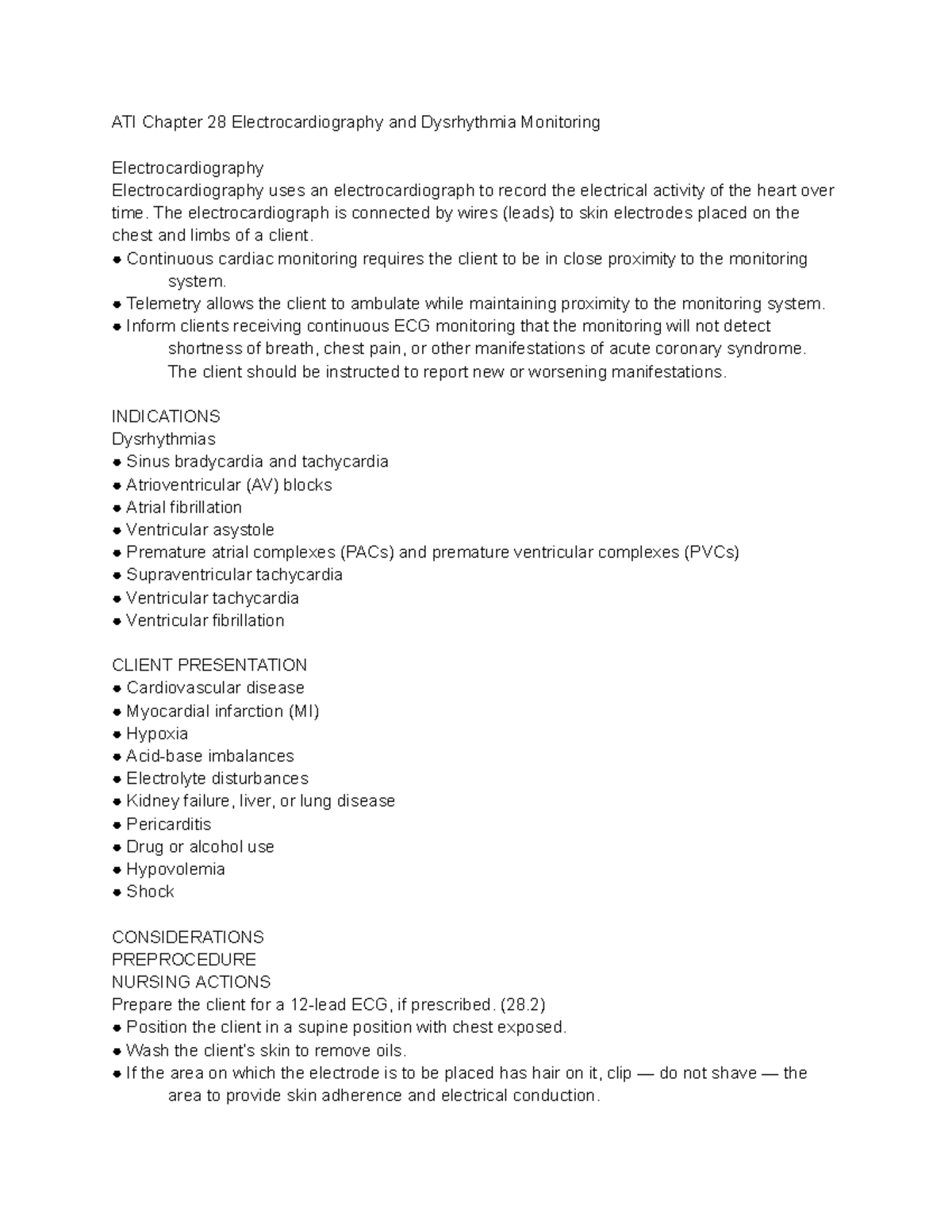 ATI Chapter 28: ECG & Dysrhythmia Monitoring Overview - Studocu