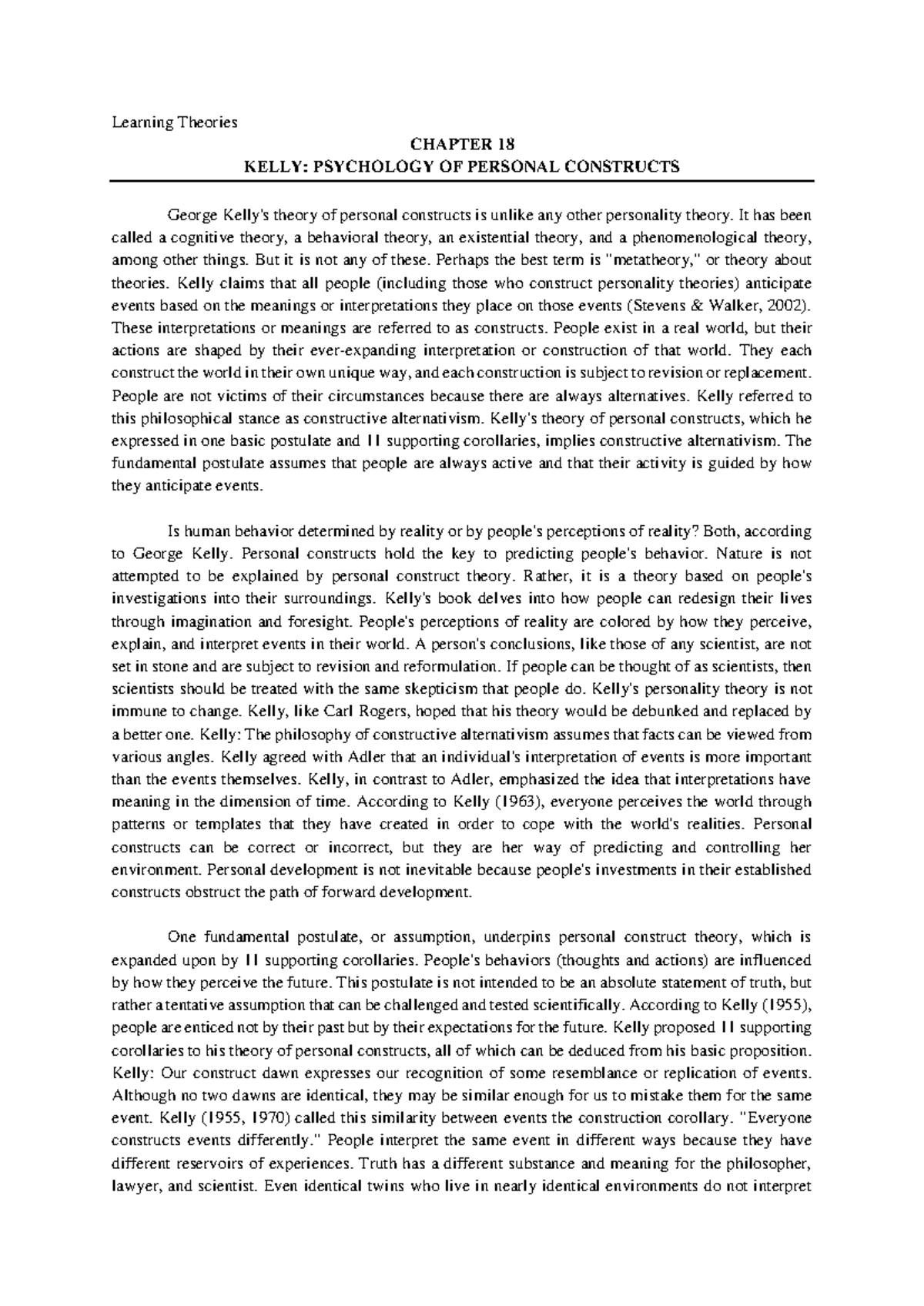 18- Chapter Summary: George Kelly's Personal Construct Theory - Studocu