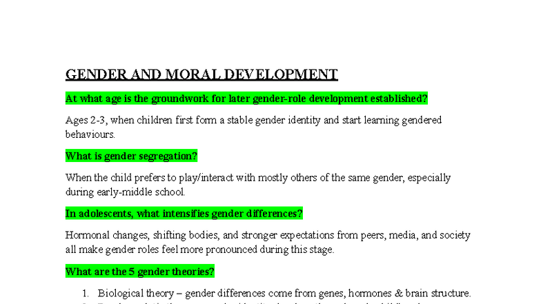 GENDER AND MORAL DEVELOPMENT: Theories and Key Concepts - Studocu