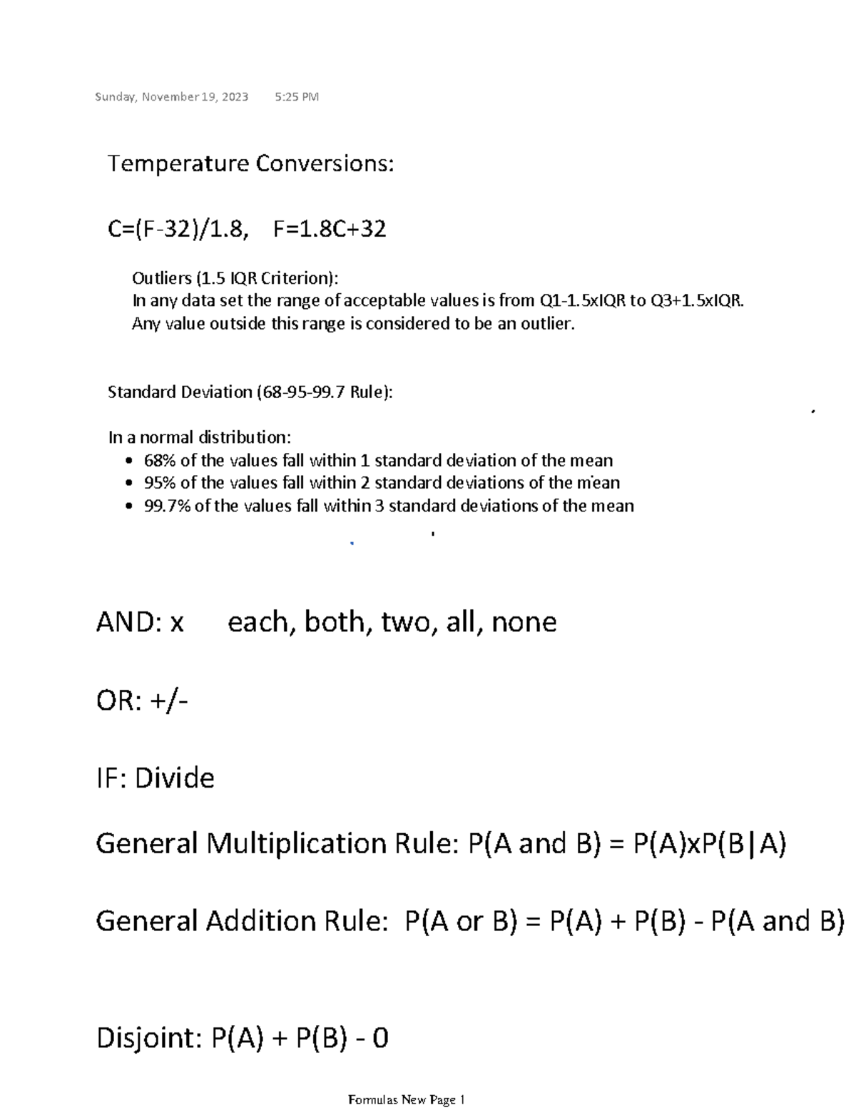 Formulas to Memorize: Temperature Conversions & Probability Rules - Studocu