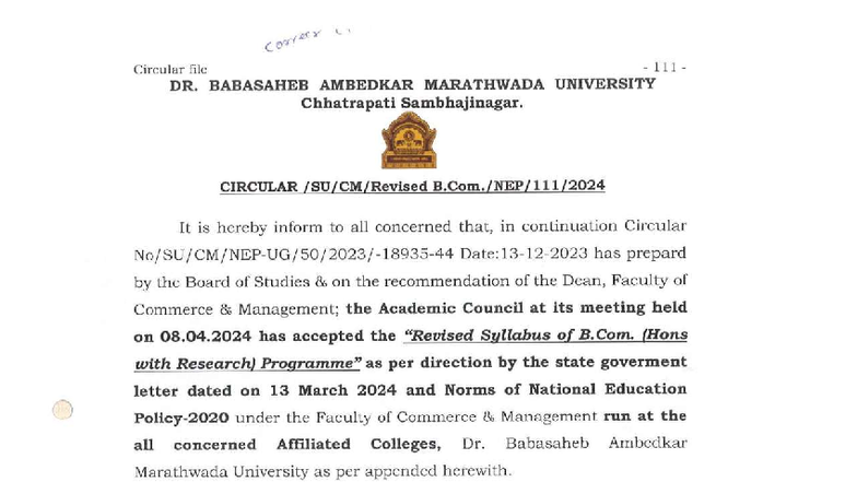 B.Com. (Hons with Research) Syllabus Structure for Sem I & II (2024 ...