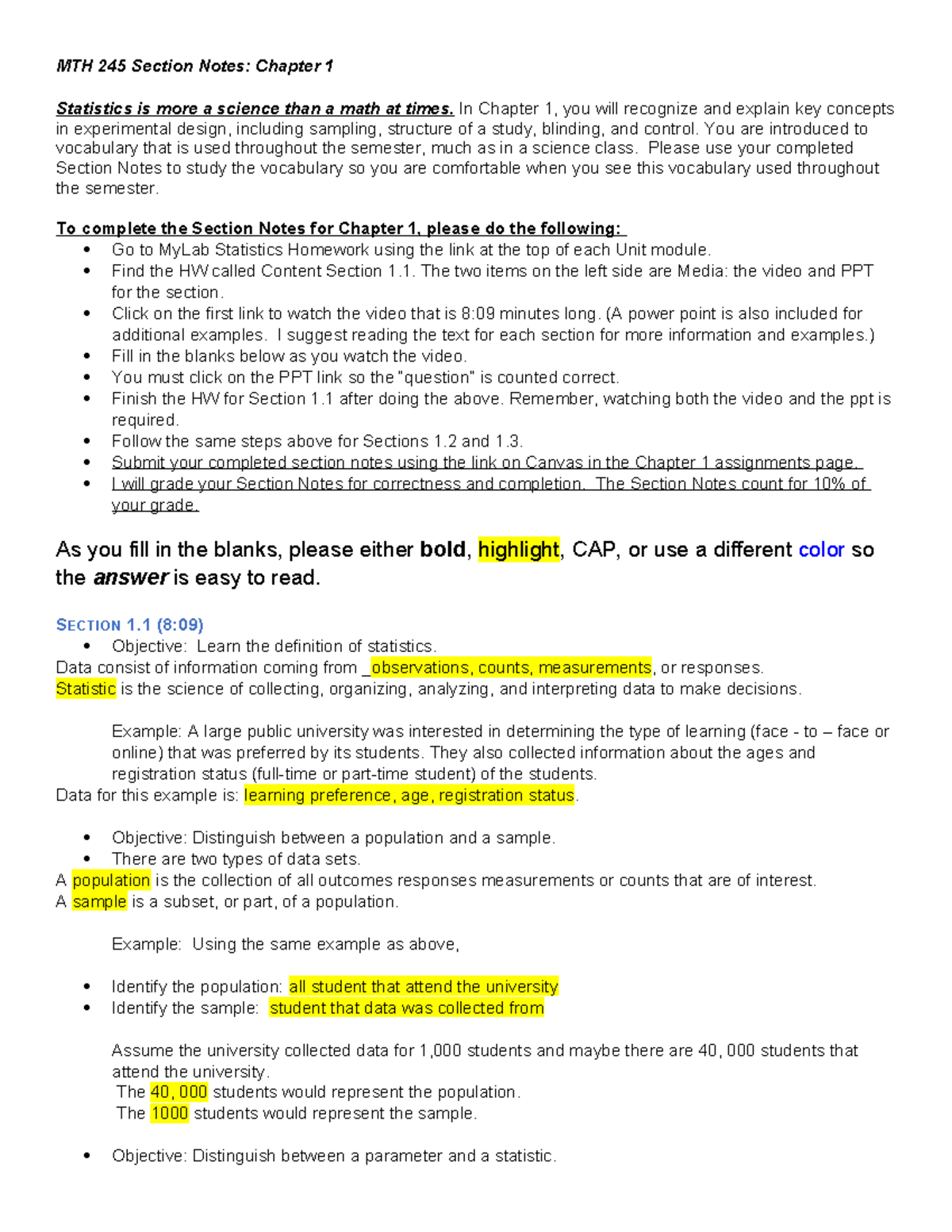 MTH 245 Chapter 1 Section Notes: Key Concepts in Statistics - Studocu