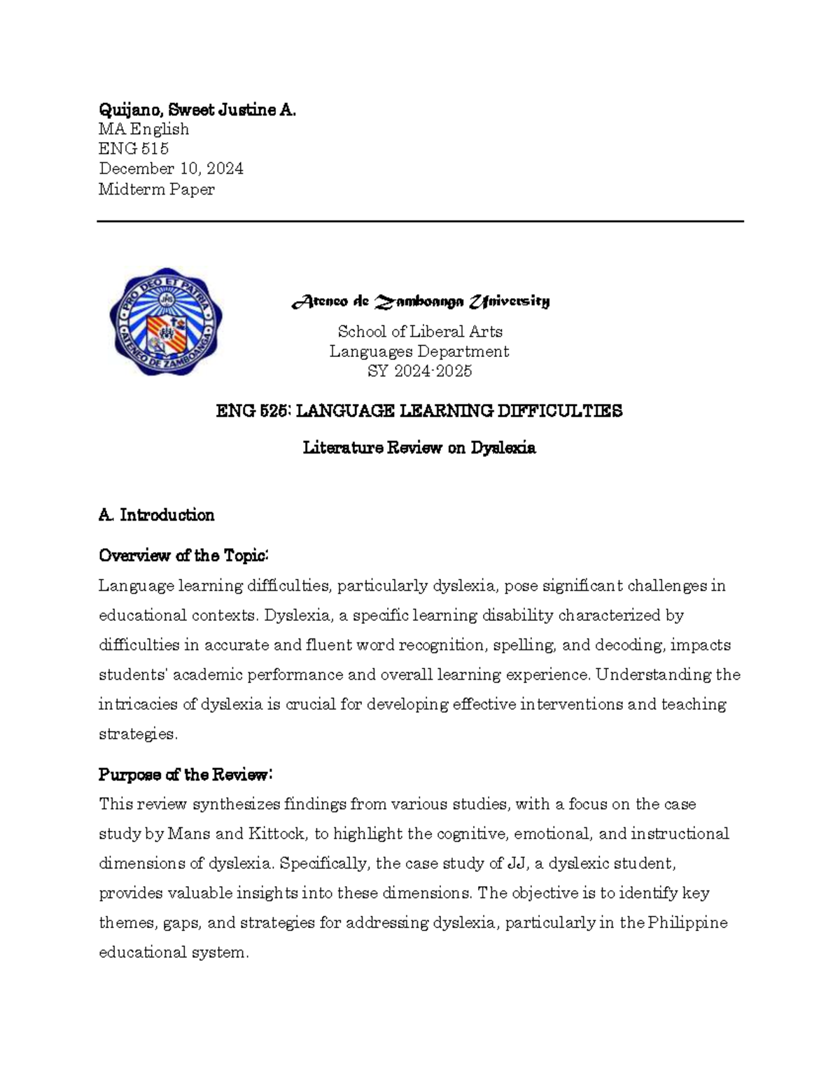 Midterm Paper - Quijano, Sweet Justine A. MA English ENG 515 December 1 ...