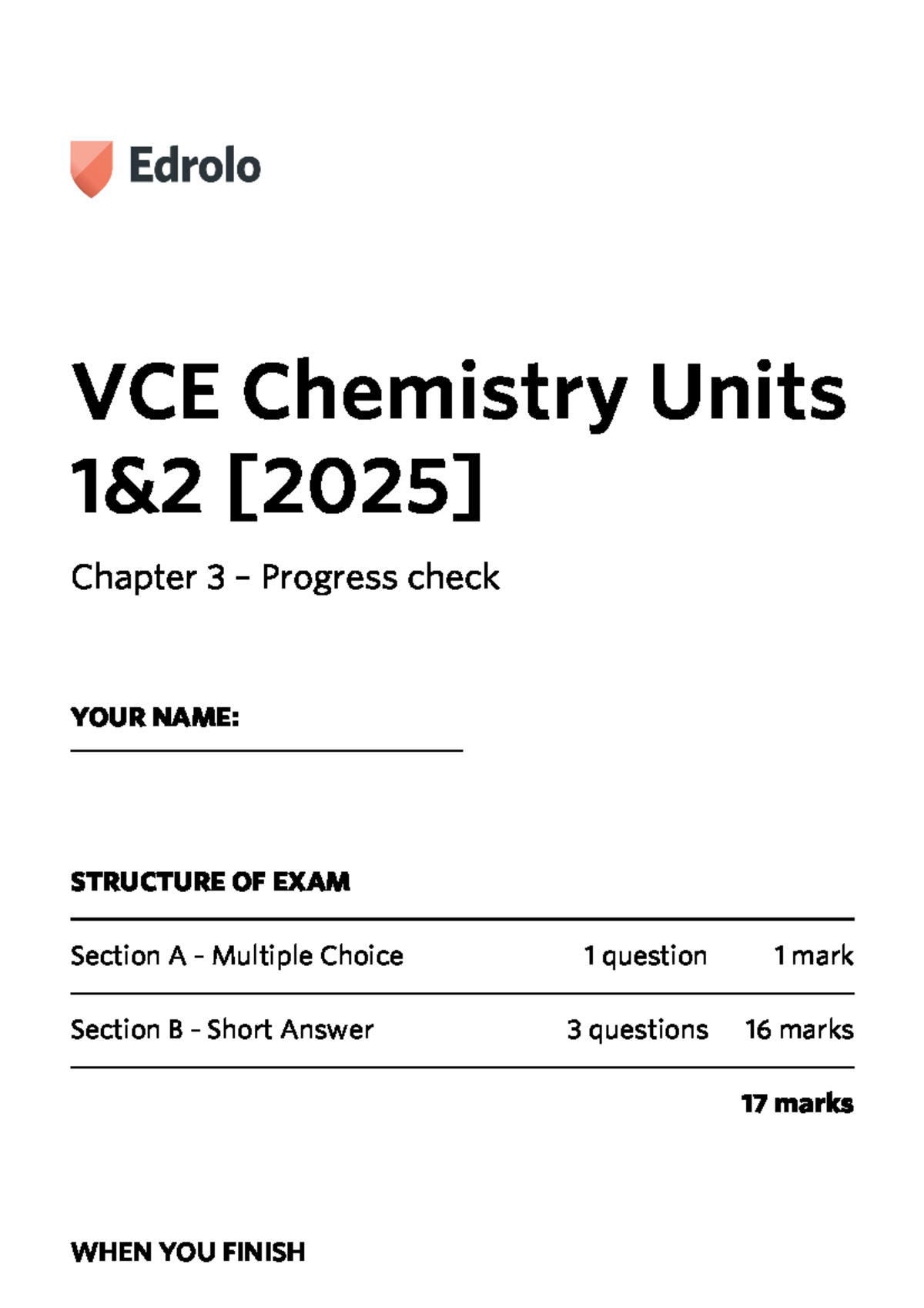 VCE Chemistry Unit 3 Chapter 3 Progress Test - Studocu