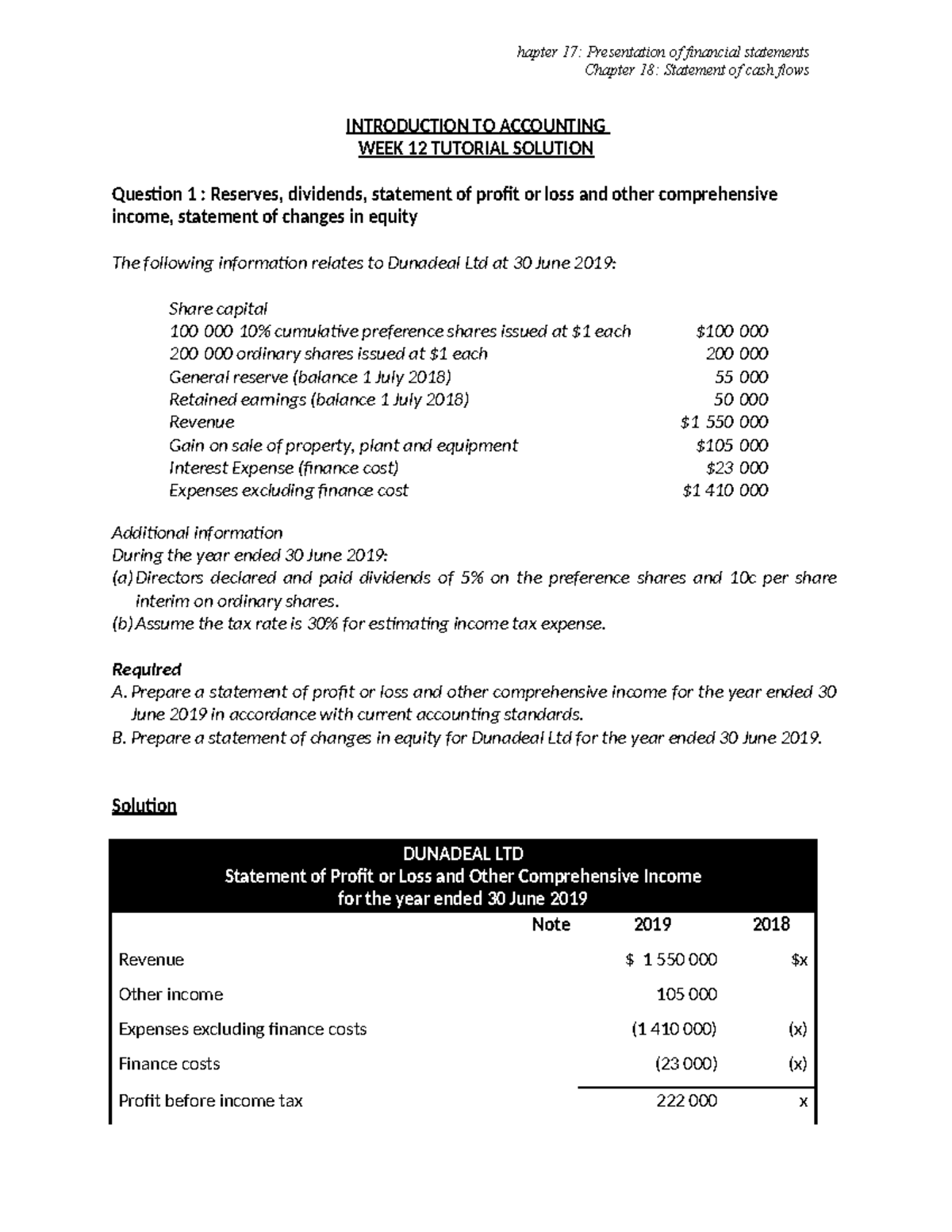 Week 12 Tutorial Solution: Financial Statements & Cash Flows Analysis ...