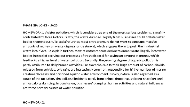 PHẠM GIA LONG 5A25 HOMEWORK 1: Causes of Water Pollution - Studocu