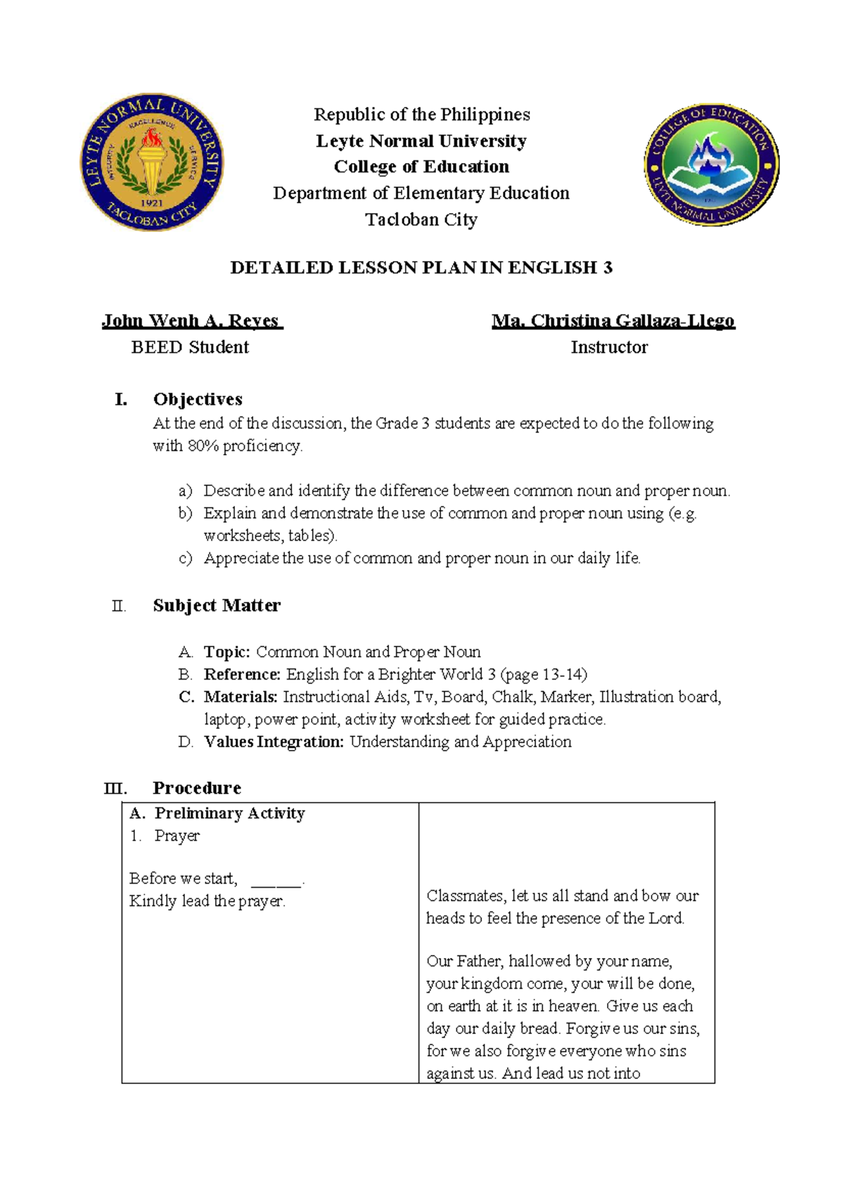 English DLP: Detailed Lesson Plan on Common and Proper Nouns - Studocu