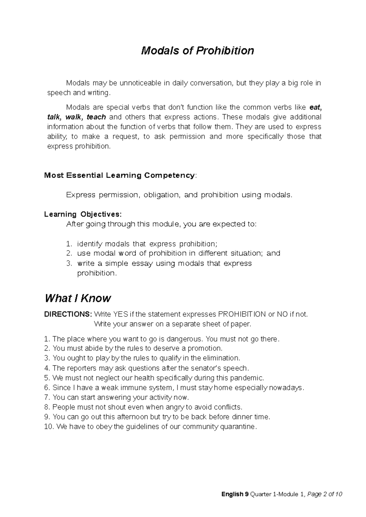 English 9 Q1 - Modals of Prohibition: Understanding Usage and Rules ...